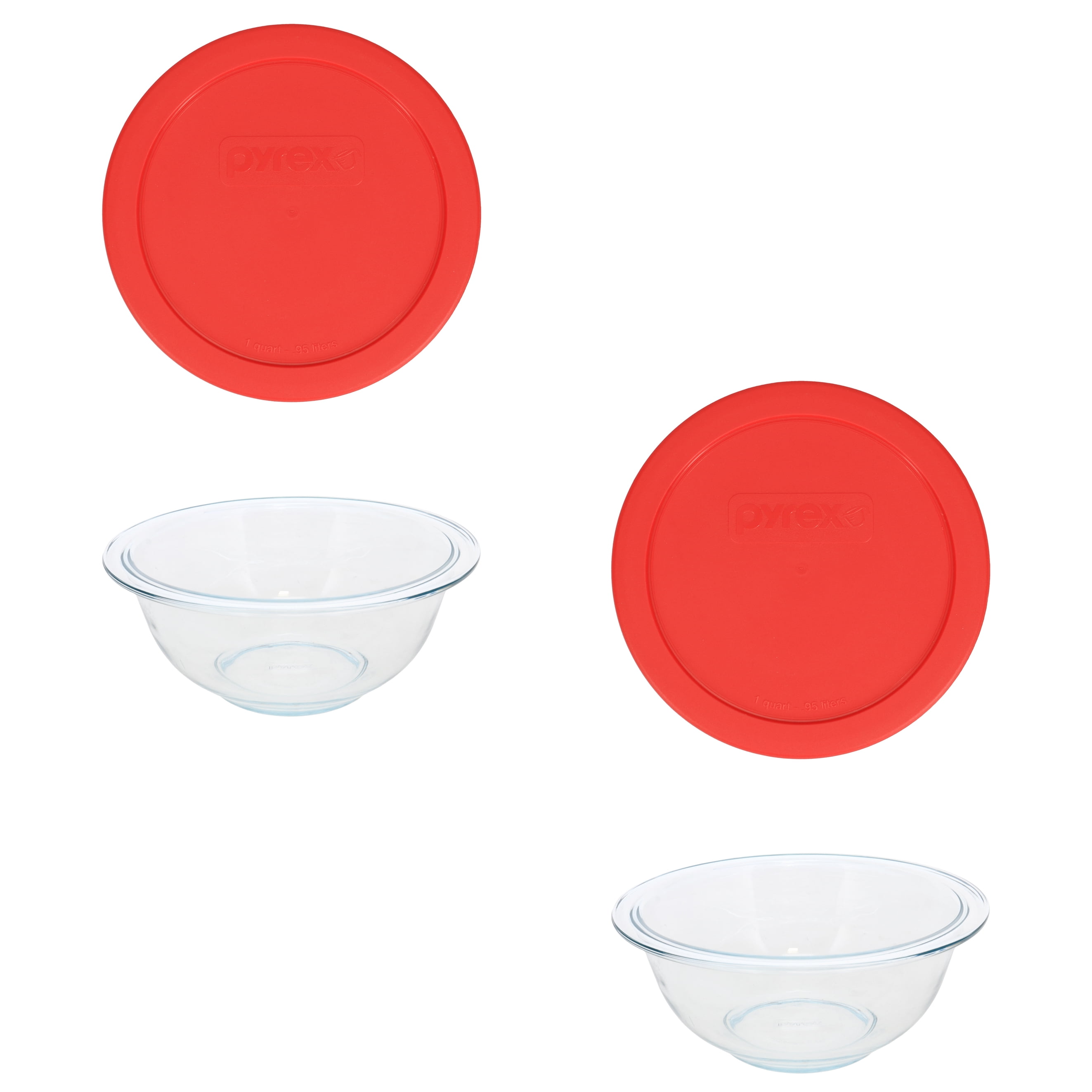 Pyrex (2) 322 1qt Glass Mixing Bowls and (2) 322-PC 1qt Red Mixing Bowl ...