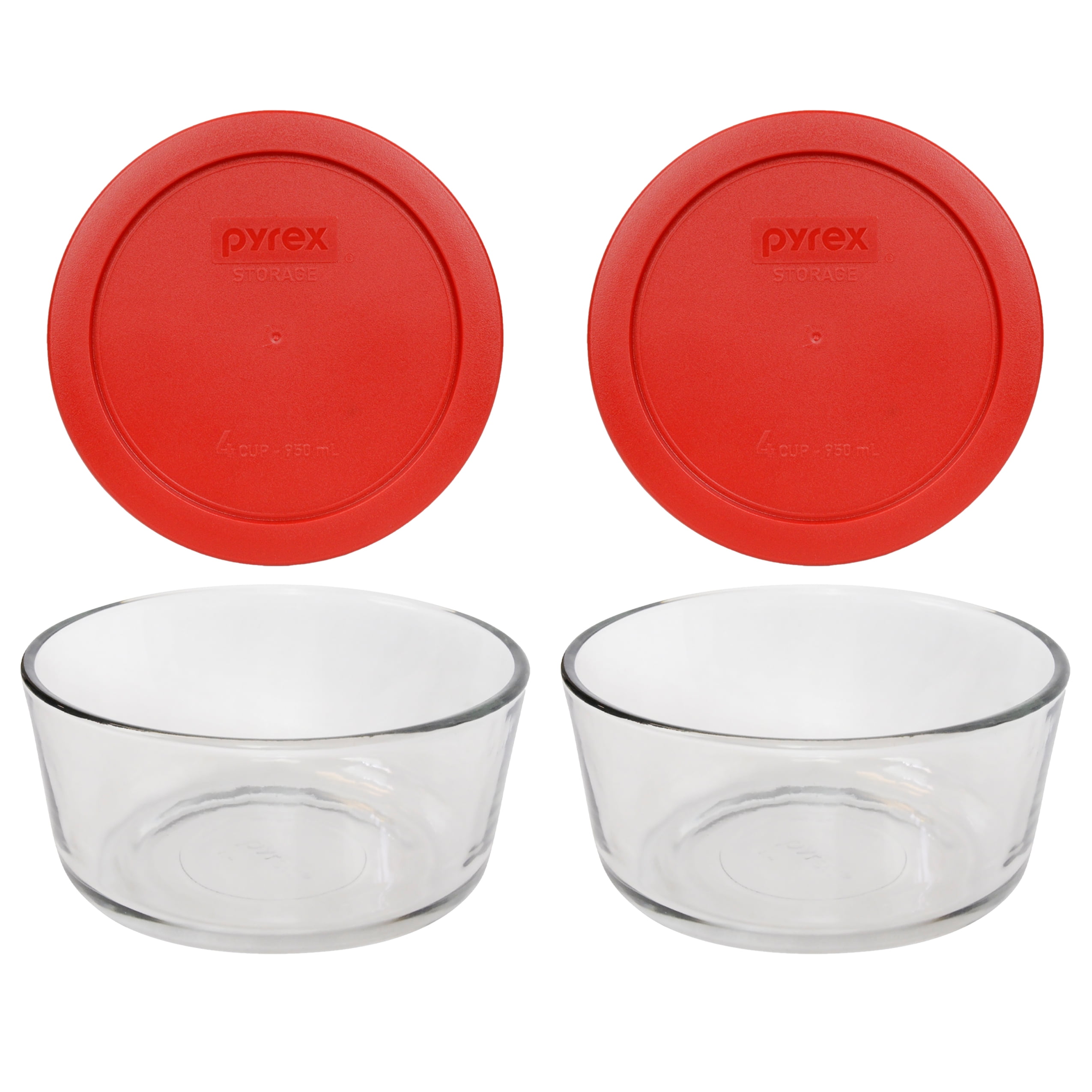Pyrex (2) 7201 4-Cup Glass Bowls & (2) 7201-PC Poppy Red Plastic Lids ...