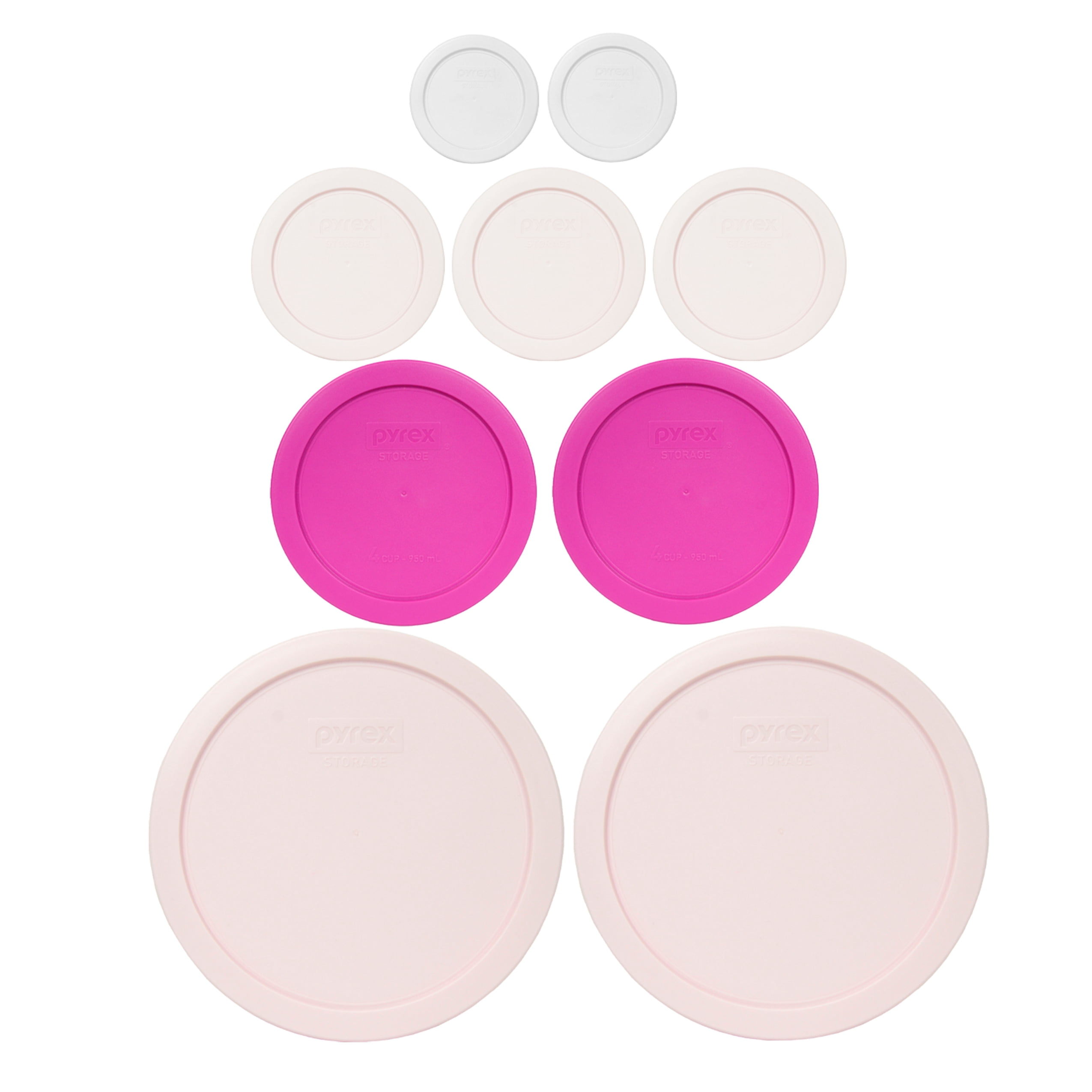 Pyrex (2) 7202-PC White Lids, (3) 7200-PC Nouveau Pink Lids, (2) 7201 ...