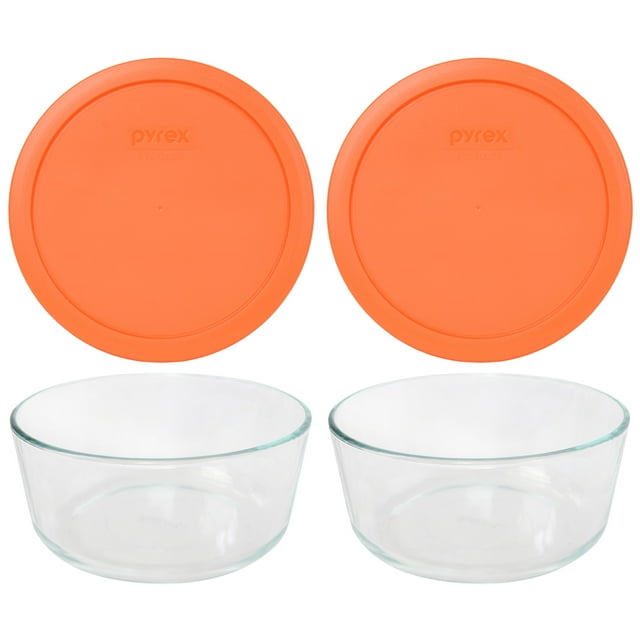 Pyrex (2) 7203 7 Cup Glass Food Storage Bowls and (2) 7402-PC Orange ...