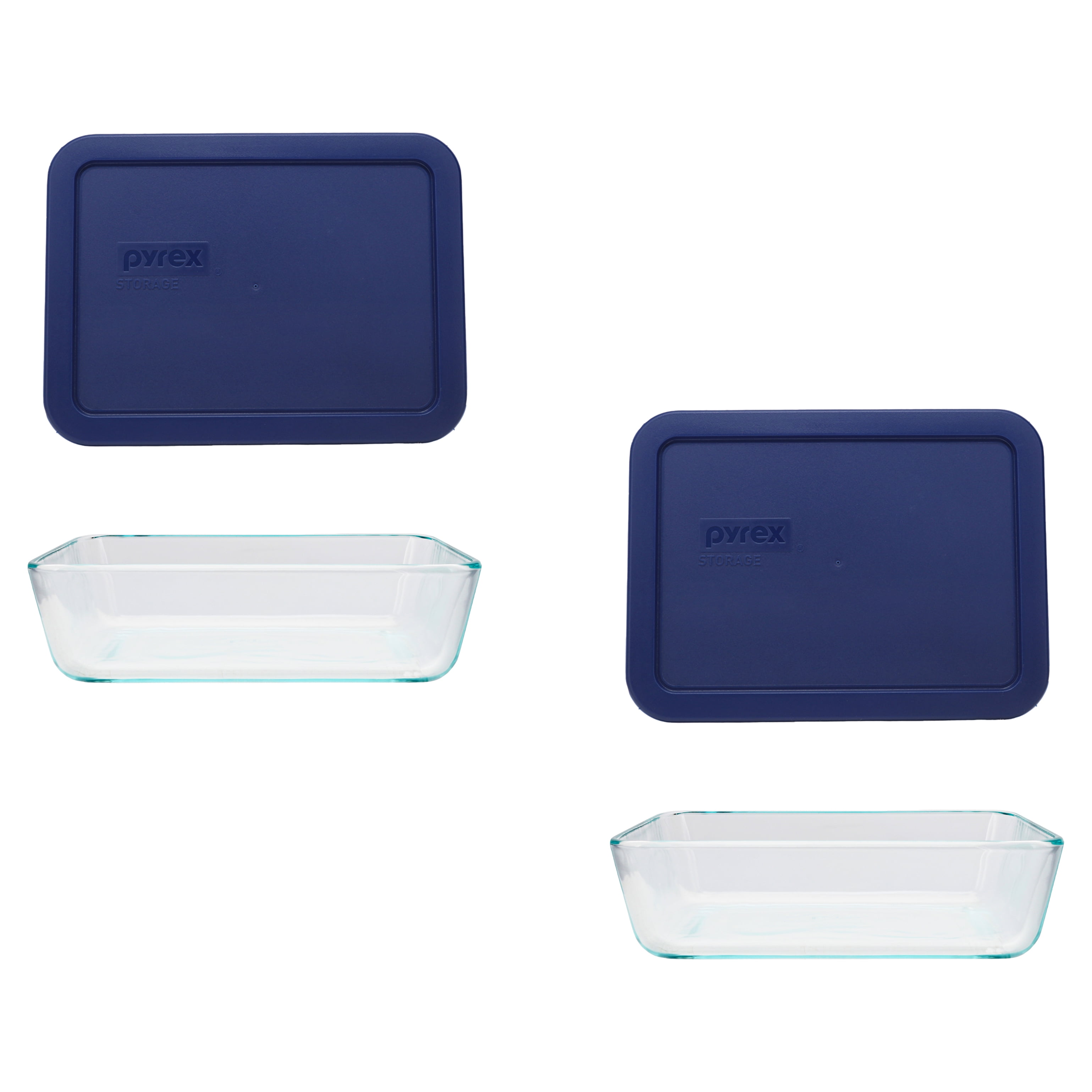 Pyrex (2) 7210 3-Cup Glass Dishes and (2) 7210-PC Dark Blue Lids ...