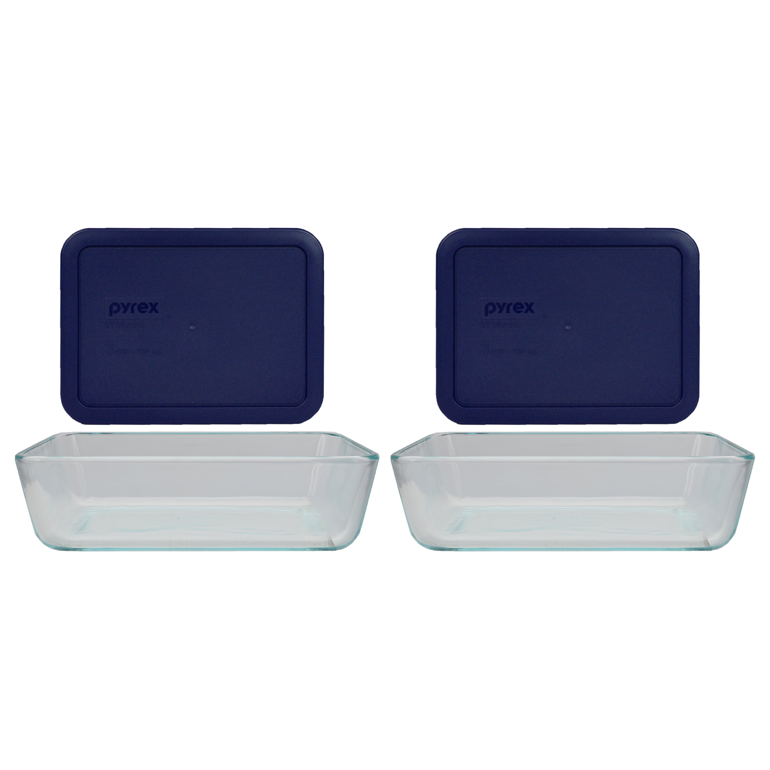 Pyrex (2) 7210 3-Cup Glass Dishes & (2) 7210-PC Dark Blue Lids ...