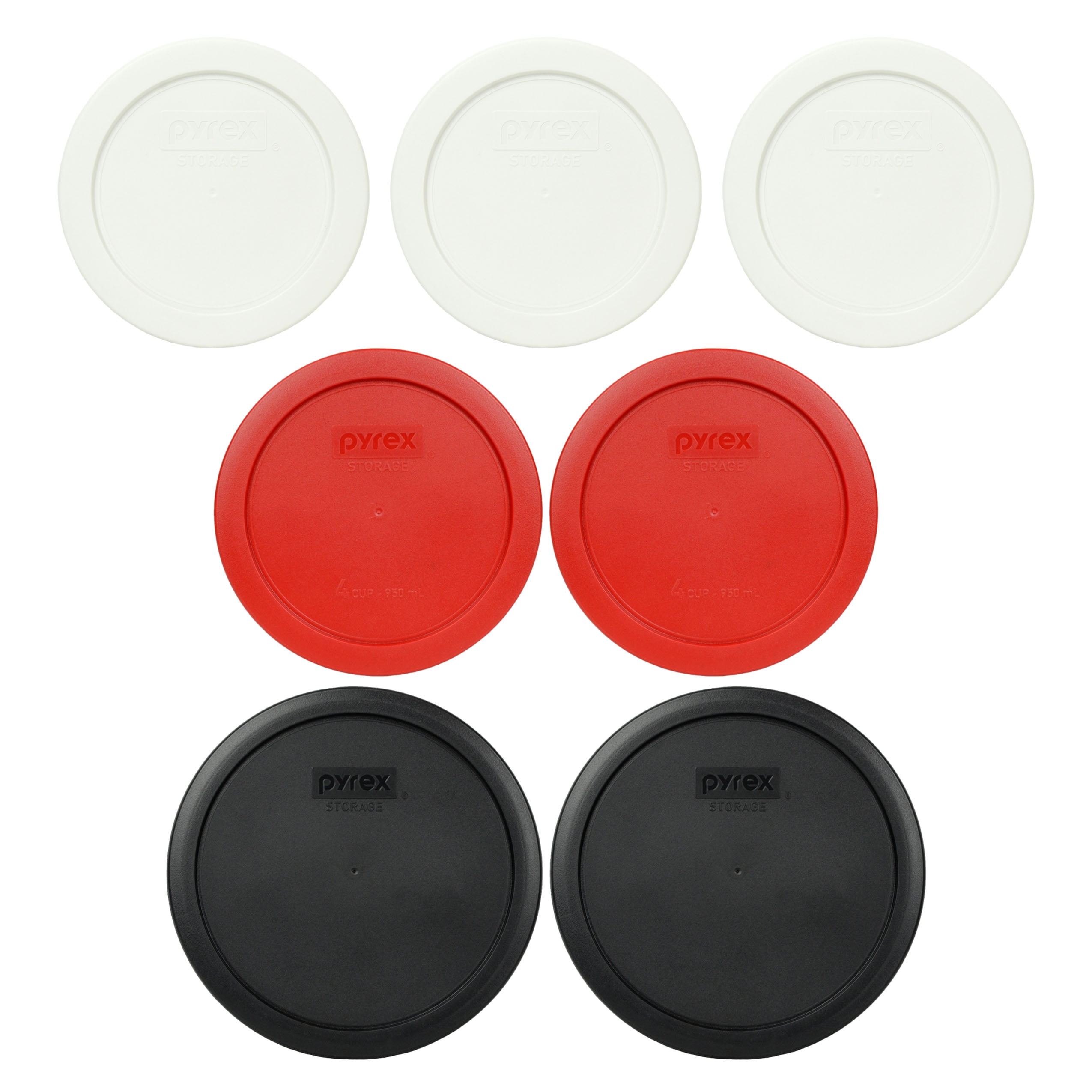 Pyrex (3) 7200-PC White Lids, (2) 7201-PC Poppy Red Lids, and (2) 7402 ...