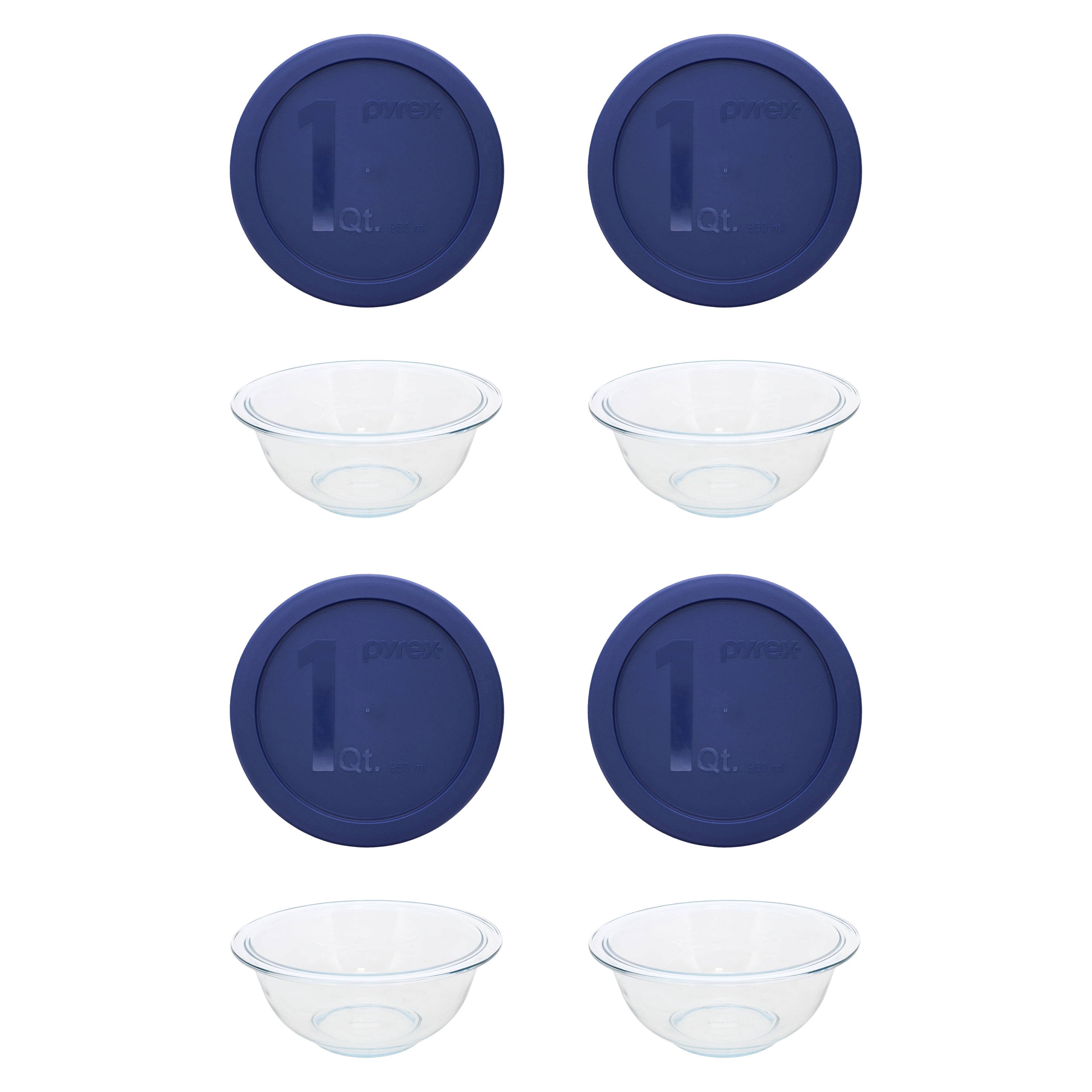 Pyrex (4) 322 1qt Glass Mixing Bowls and (4) 322-PC 1qt Blue Mixing ...