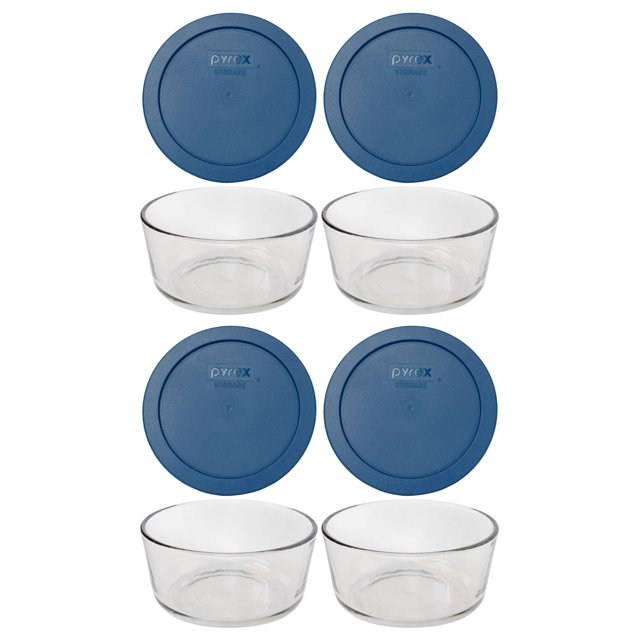 Pyrex (4) 7201 4-Cup Glass Food Storage Bowls and (4) 7201-PC Blue ...
