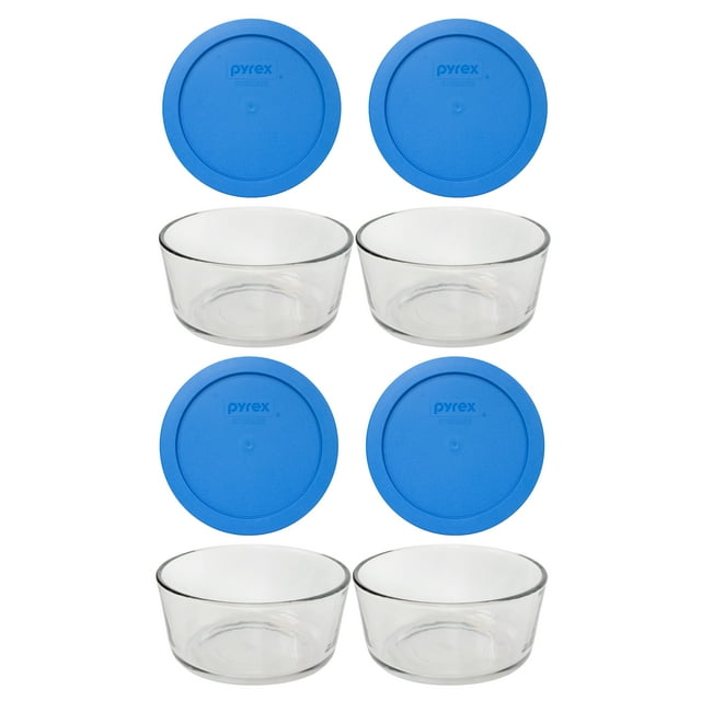 Pyrex (4) 7201 4-Cup Glass Storage Bowls and (4) 7201-PC Marine Blue ...