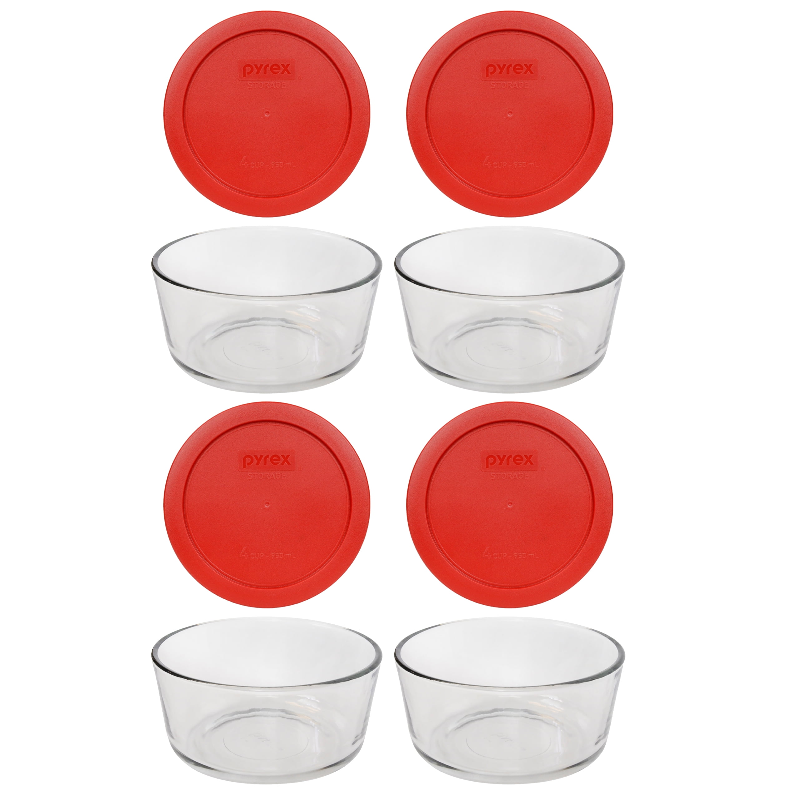 Pyrex (4) 7201 4-Cup Glass Storage Bowls and (4) 7201-PC Poppy Red ...