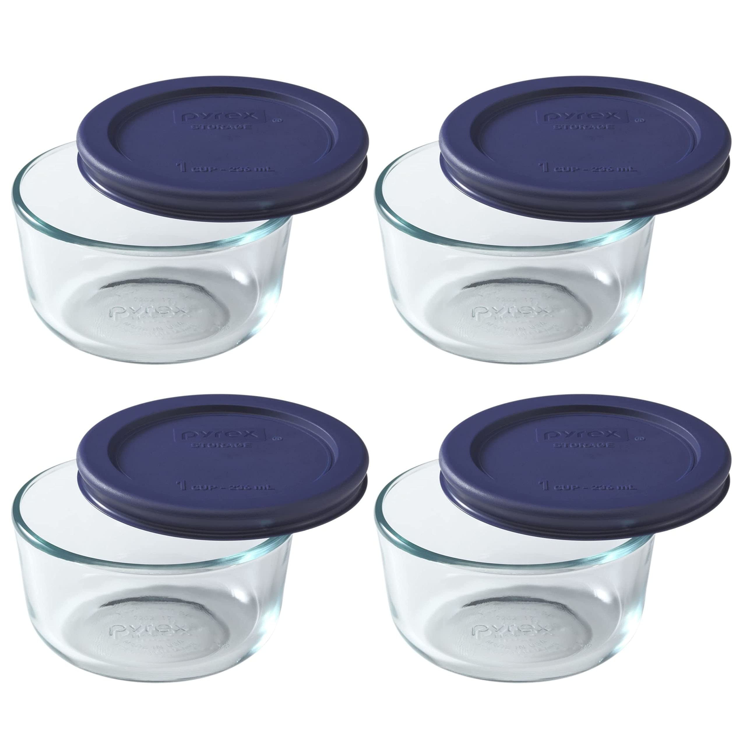 Pyrex (4) 7202 1-Cup Glass Bowls & (4) Pyrex 7202-PC 1-Cup Dark Blue ...