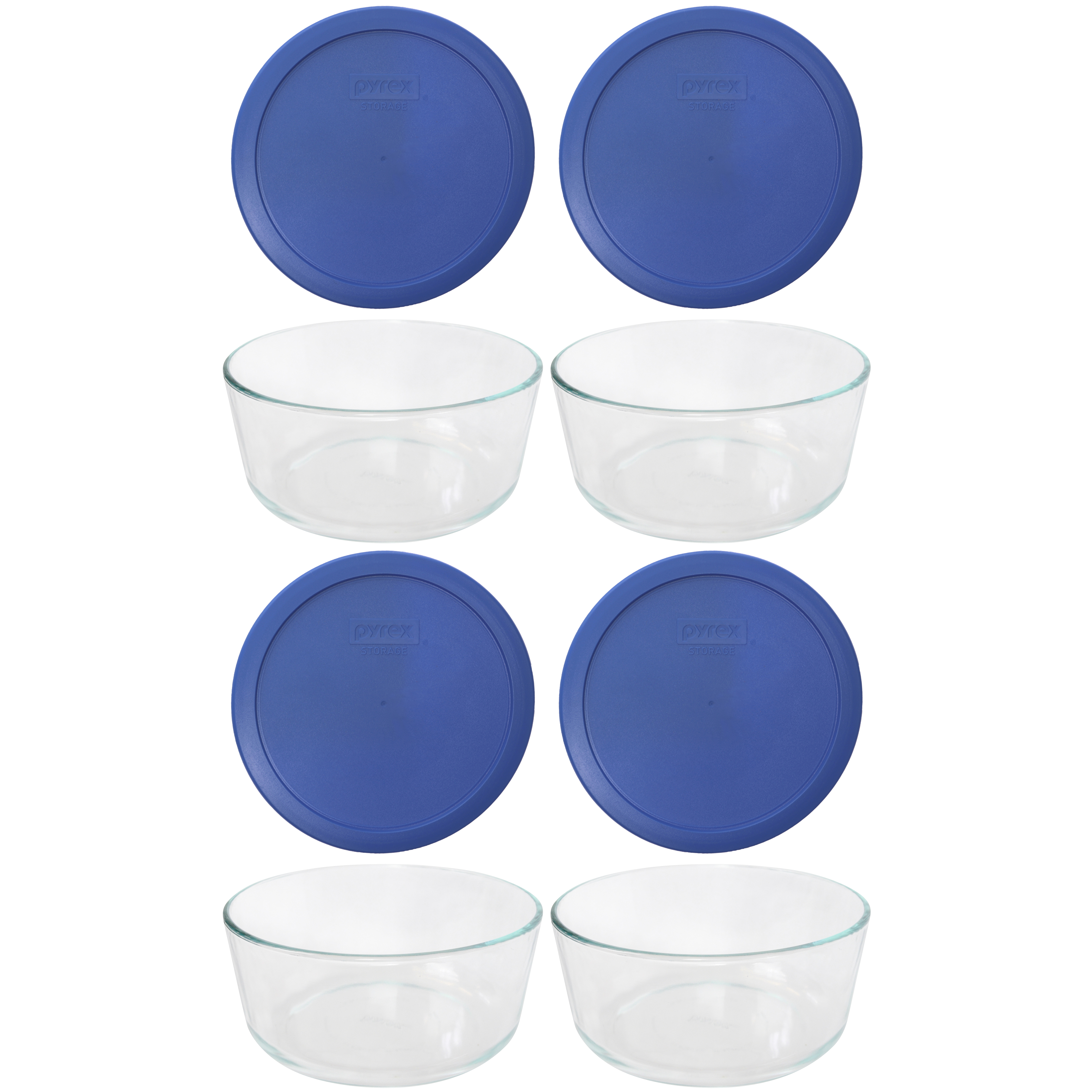 Pyrex (4) 7203 7-Cup Glass Bowl and (4) 7402-PC 7-Cup Amparo Blue Lids ...