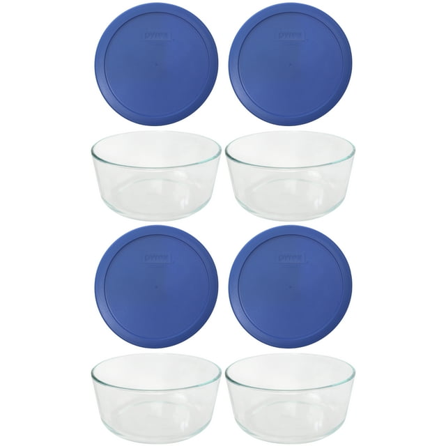 Pyrex (4) 7203 7-Cup Glass Bowl and (4) 7402-PC 7-Cup Amparo Blue Lids ...
