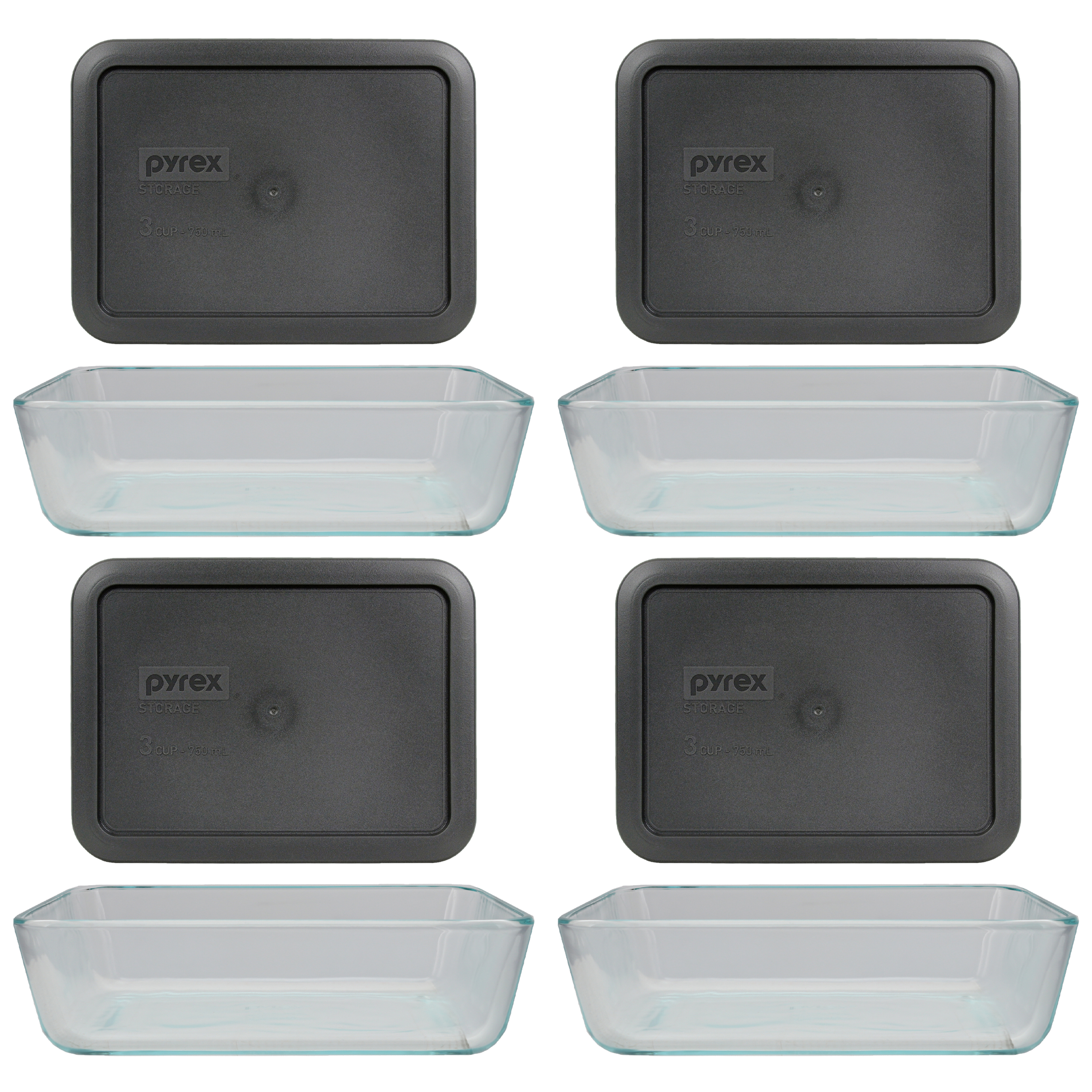 Pyrex (4) 7210 3-Cup Glass Dishes and (4) 7210-PC Charcoal Gray Lids ...
