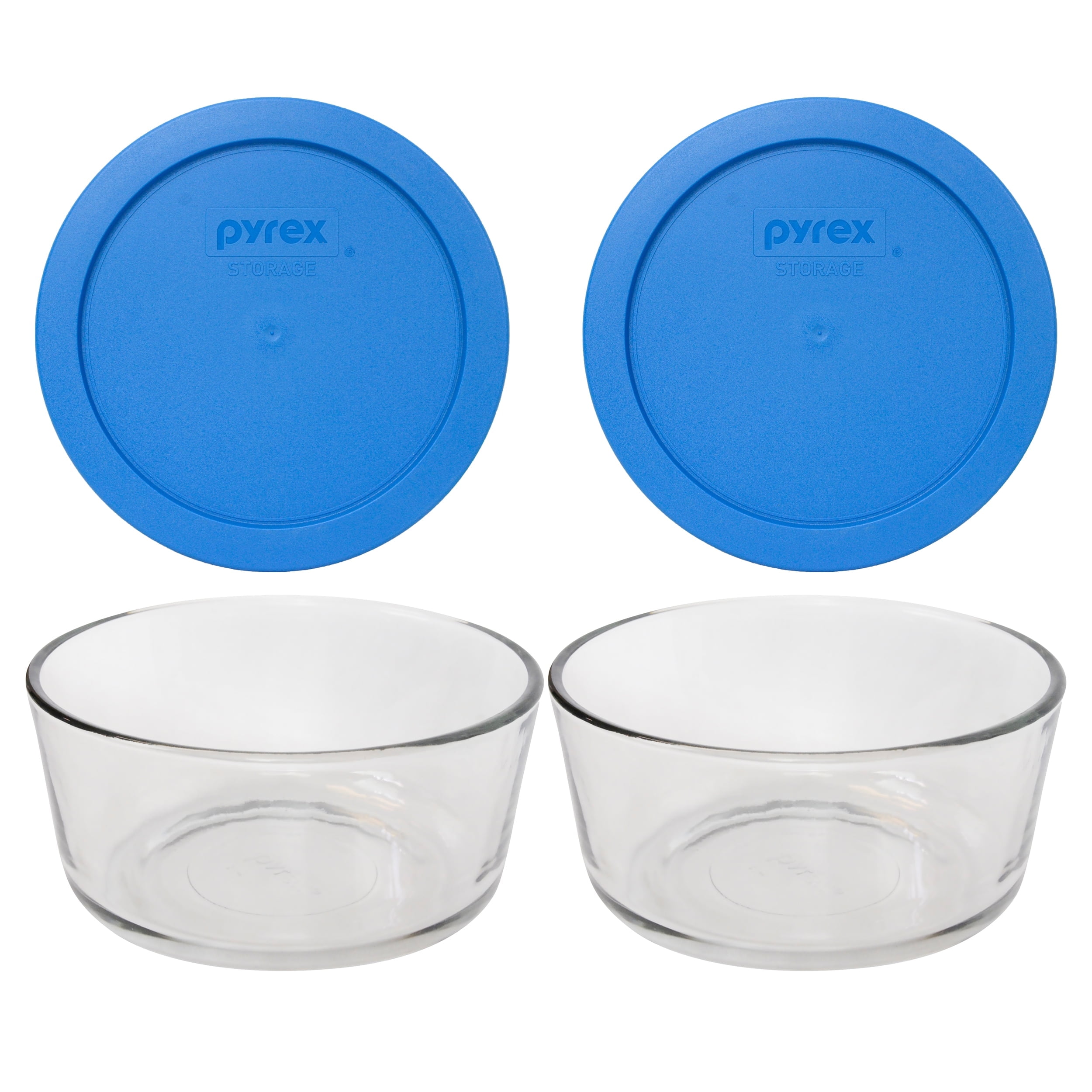 Pyrex (2) 7201 4 Cup Glass Bowls & (2) 7201-PC Marine Blue Lids ...