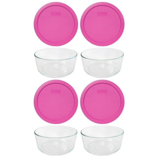 Pyrex 7203 7-Cup Round Glass Food Storage Bowl and 7402-PC Pink Plastic ...