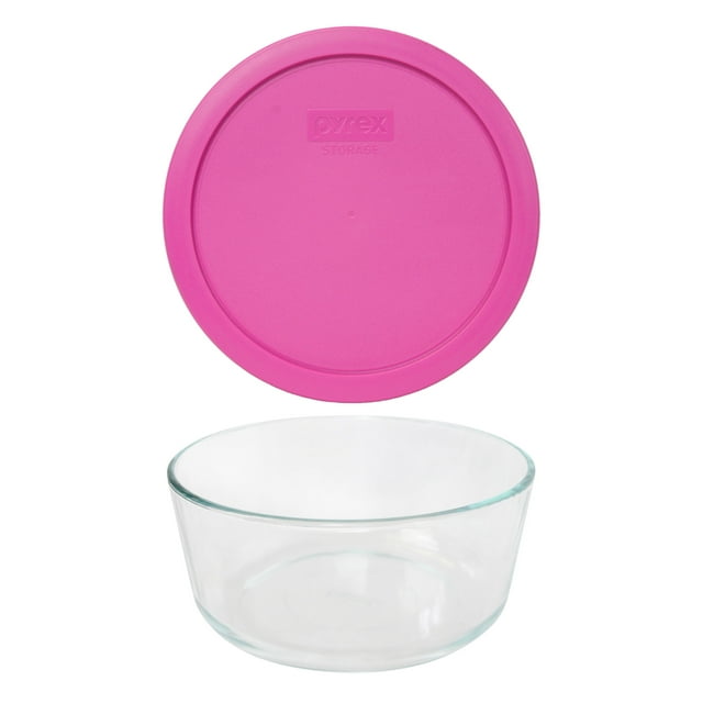Pyrex 7203 Round 7-Cup Glass Food Storage Bowl and 7402-PC Pink Plastic ...
