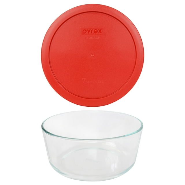 Pyrex 7203 Round 7-Cup Glass Storage Bowl and 7402-PC Poppy Red Plastic ...