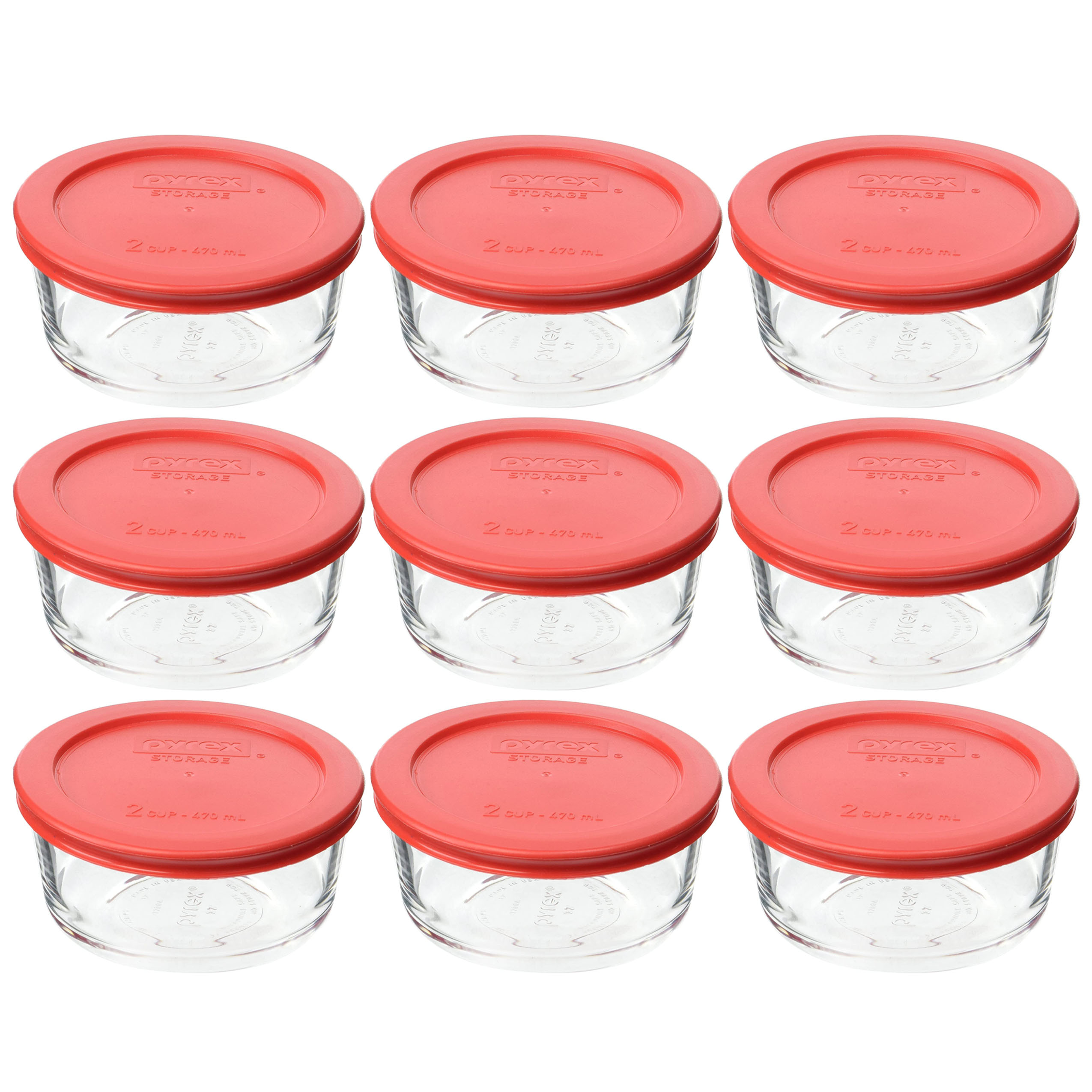 Pyrex (9) 7200 2-Cup Glass Food Storage Bowls and (9) 7200-PC Red ...