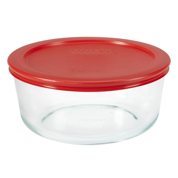 Pyrex 7 Cup Round Glass Food Storage Container with Red Lid, Oven Safe ...