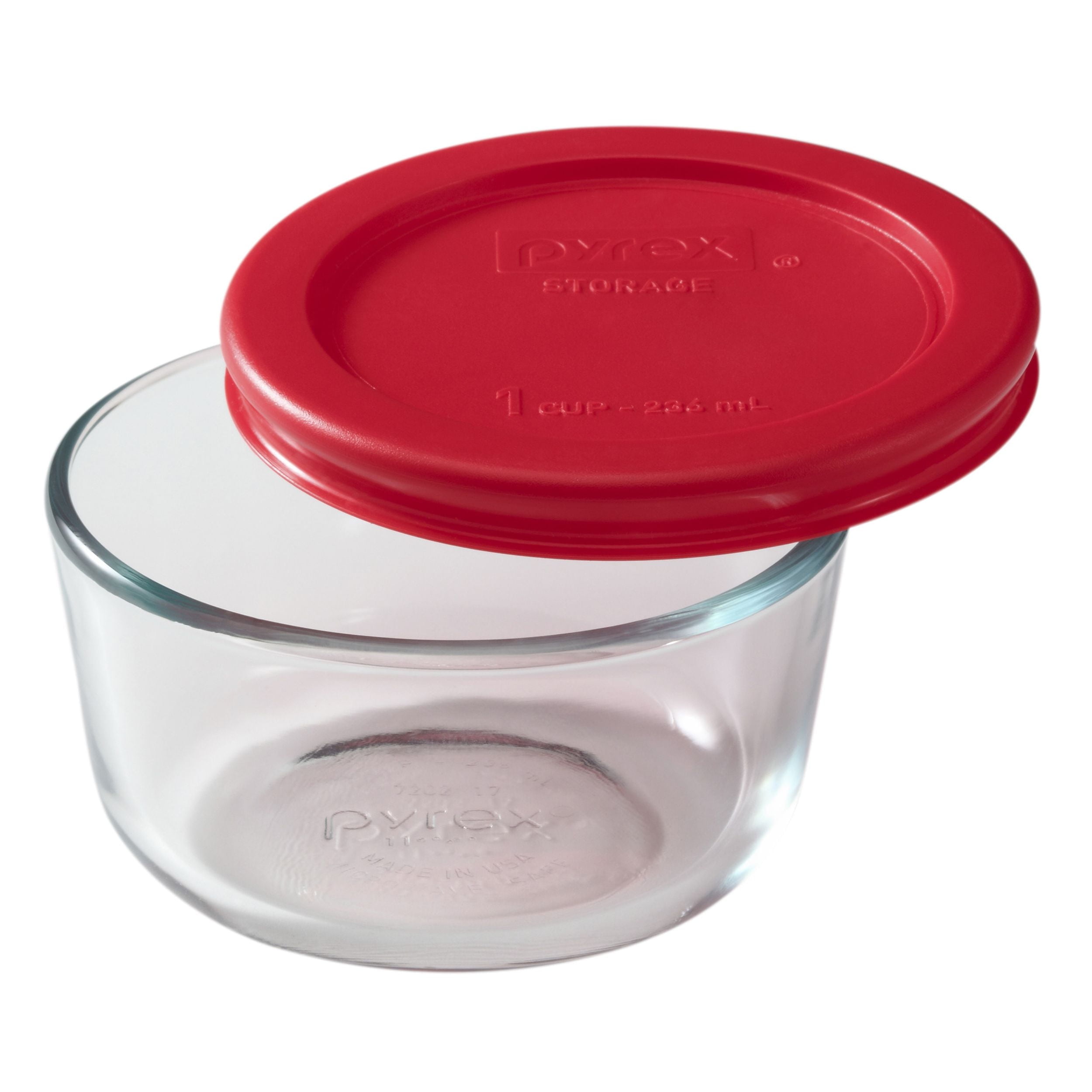 Pyrex 1-Cup Round Glass Food Storage Container with Durable Red Lid ...