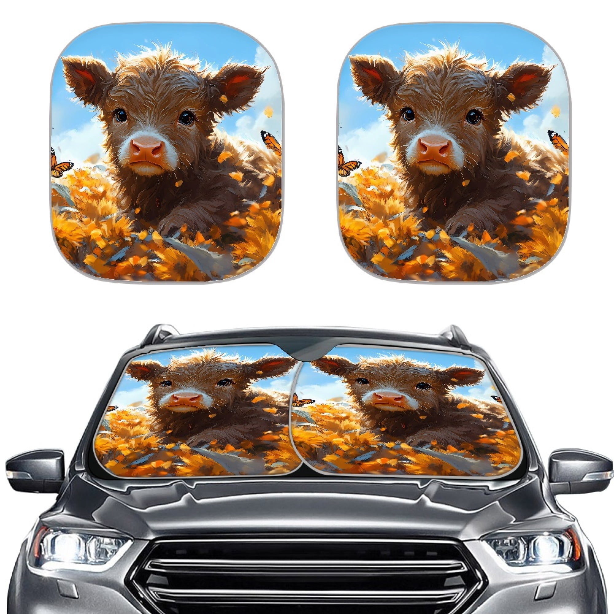 Pzuqiu Car Sun Shade with Highland Cow Design, Front Windshield Sun ...