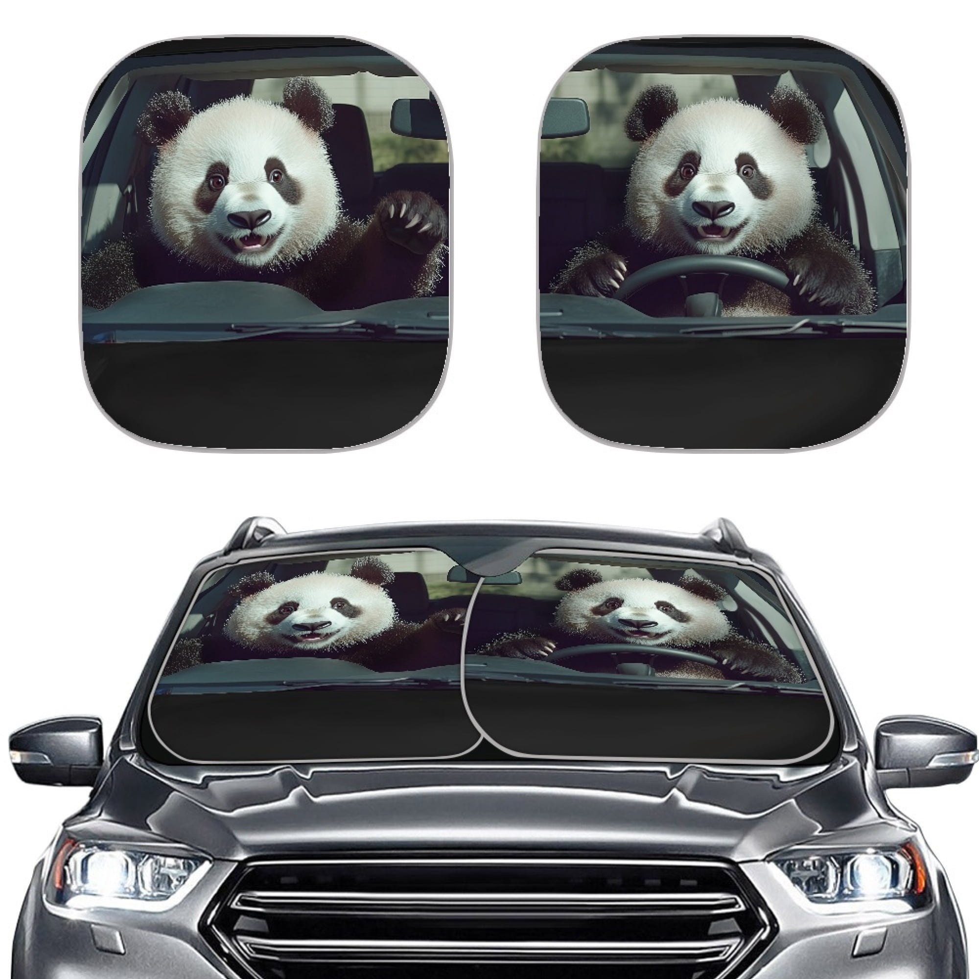 Pzuqiu Car Sun Shade withDriving Pandas Theme, 2 Piece Windshield Cover ...