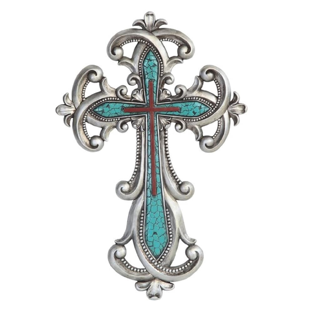 Q-Max 16"H Decorative Wall Cross with Turquoise Religious Statue Home ...