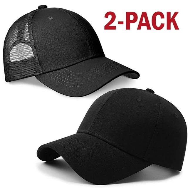 Q&Q ESSENTIALS 2 Pack - M/L/XL Black Solid Baseball Cap & Mesh Trucker Hat for Men Women ...
