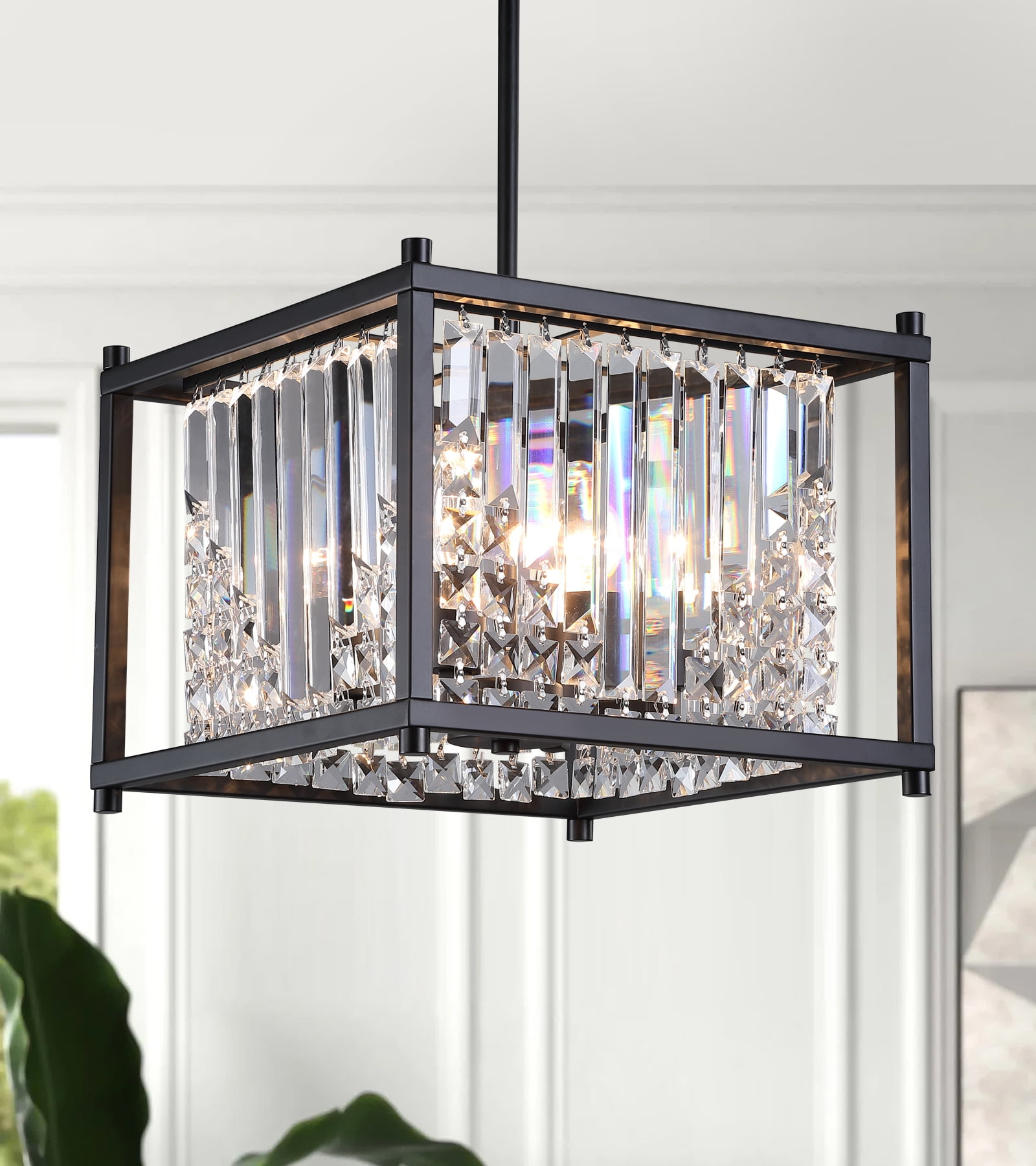 Q&S 4-Light Black Farmhouse Chandelier, Square Crystal Pendant for ...
