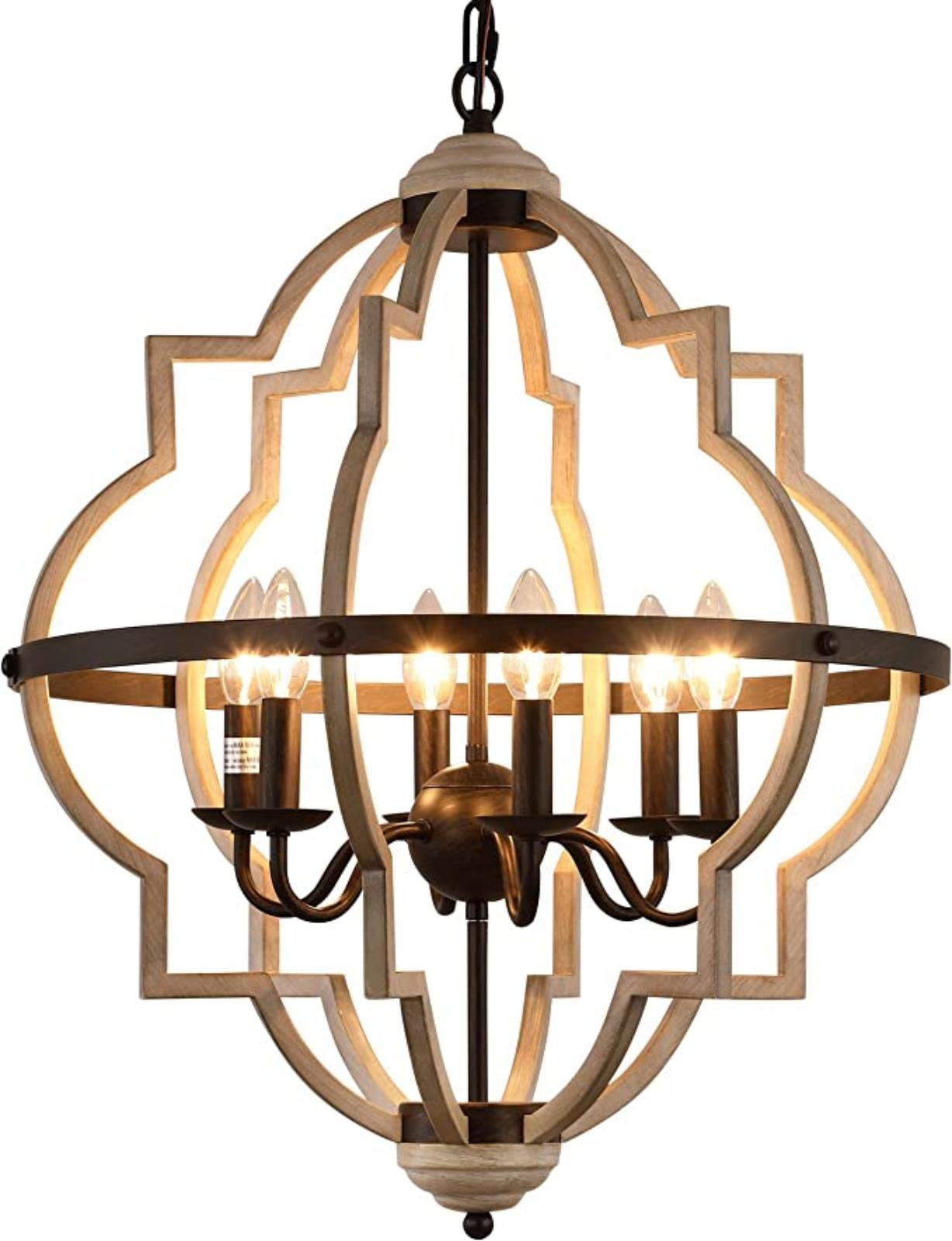Q&S 6-Light Rustic Farmhouse Chandelier Orb Oak Metal Pendant Light ...