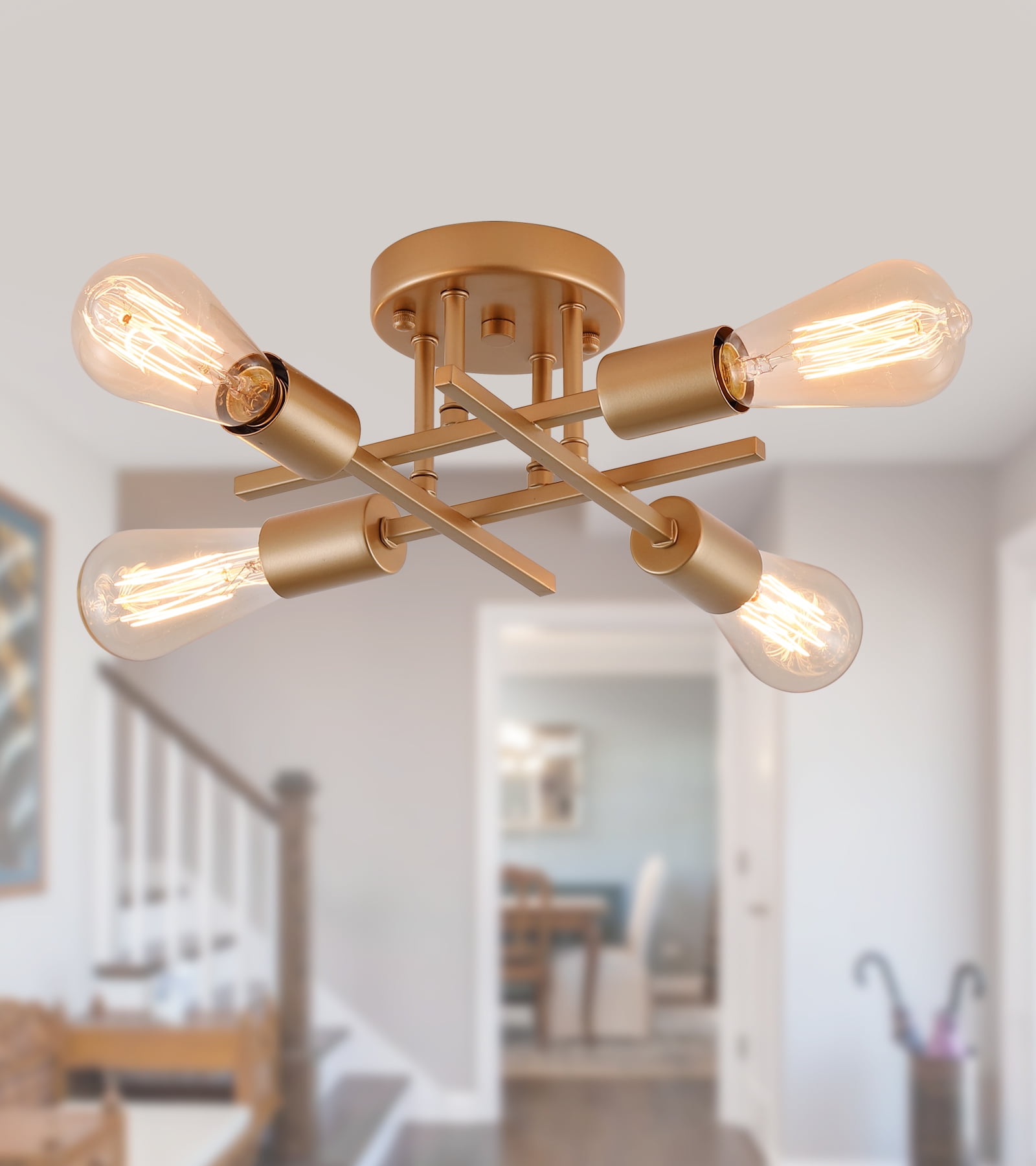 Q&S Gold Finish Modern Sputnik Chandelier, 4-Light Ceiling Fixture for ...