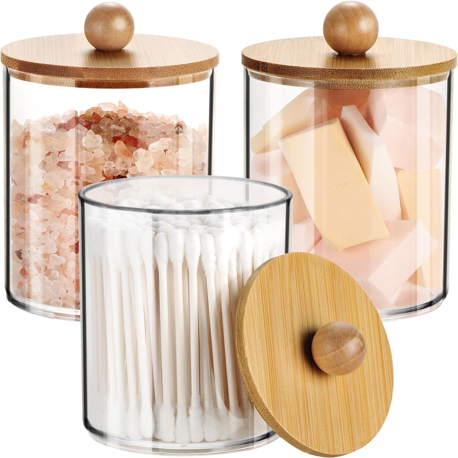 Q-tip Dispenser Jars with Bamboo Lids - 12 oz Clear Plastic Vanity ...