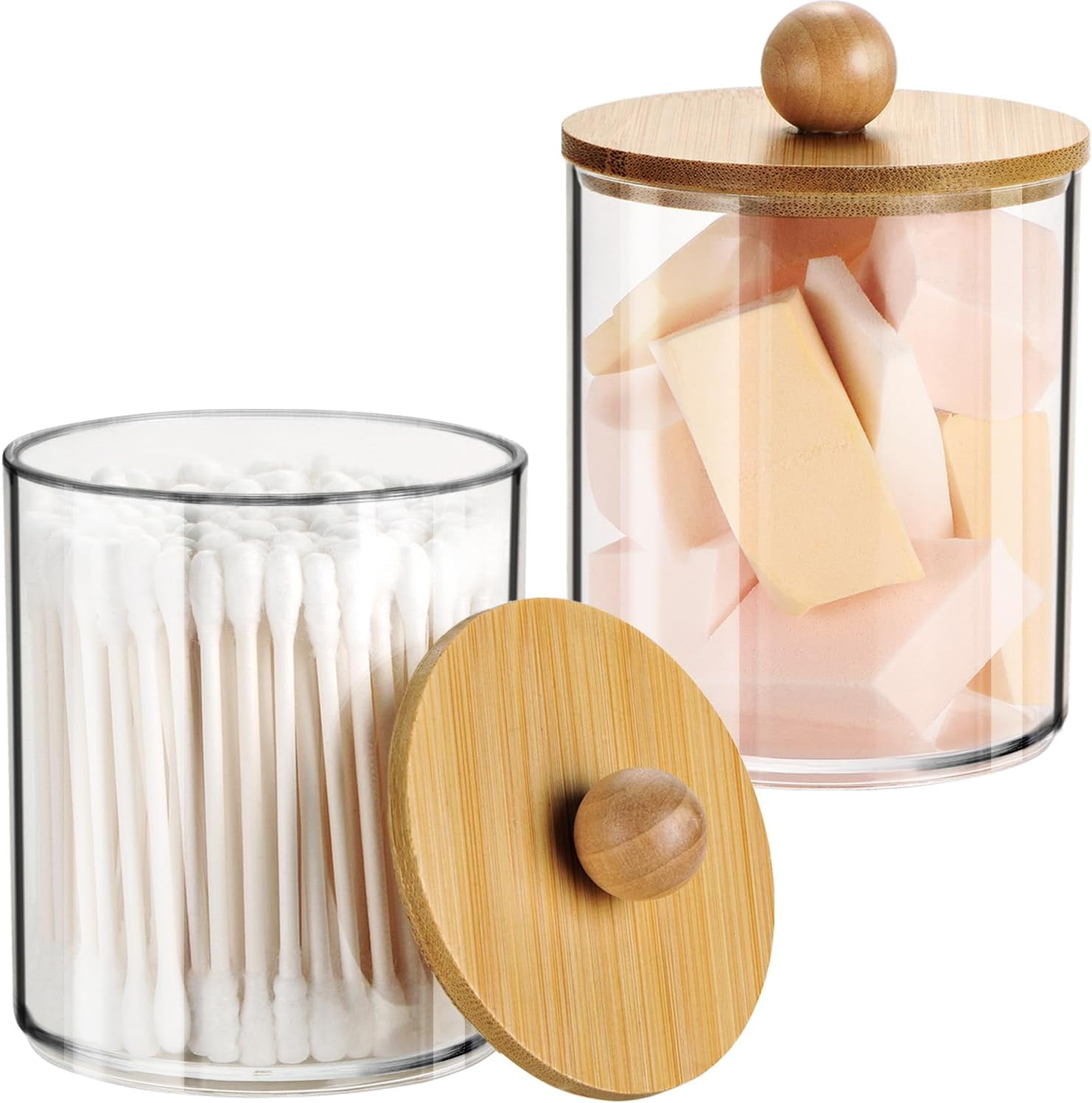 Q-tip Dispenser Jars with Bamboo Lids - 12 oz Clear Plastic Vanity ...