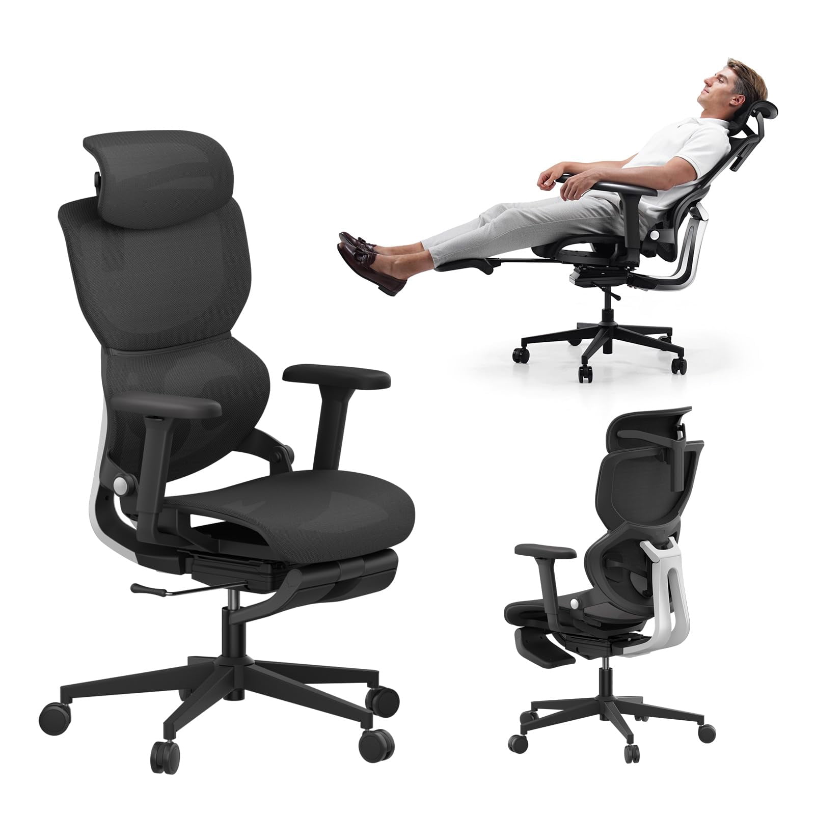Q3 Ergonomic Office Chair w/ Footrest - Black Mesh, 140° Tilt, Lumbar ...