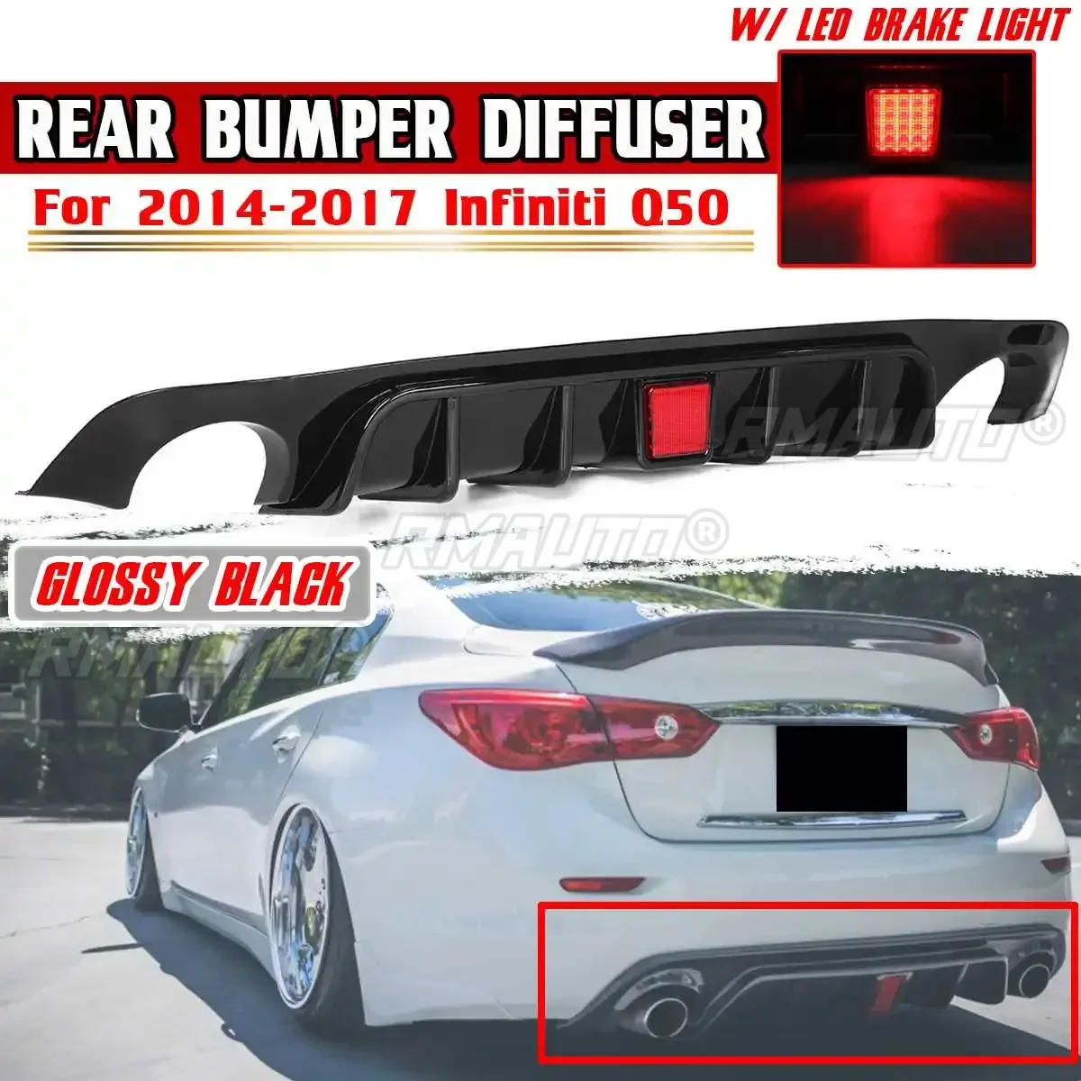 Q50 Car Rear Bumper Diffuser Lip Apron W/ LED Brake Light For Infiniti ...