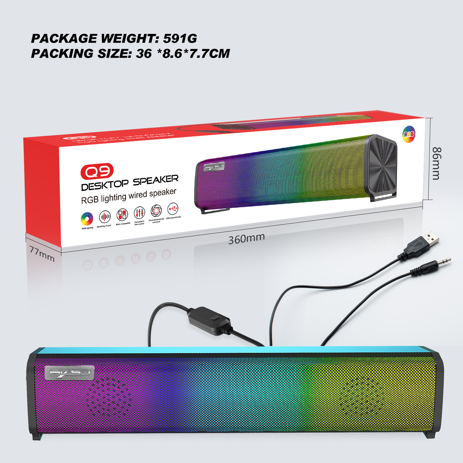 Q9 RGB Light Wired Soundbar Column Speaker 9 Kinds Of Lights Can Be ...