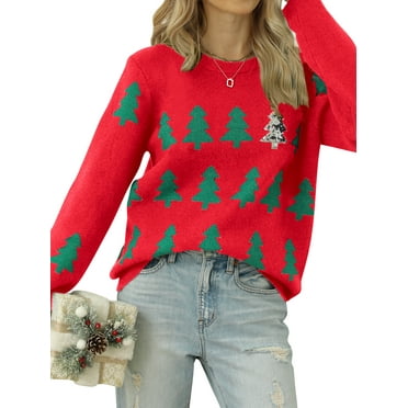 APEXFWDT Women's Christmas Knit Sweater Christmas Tree Print Crew Neck ...