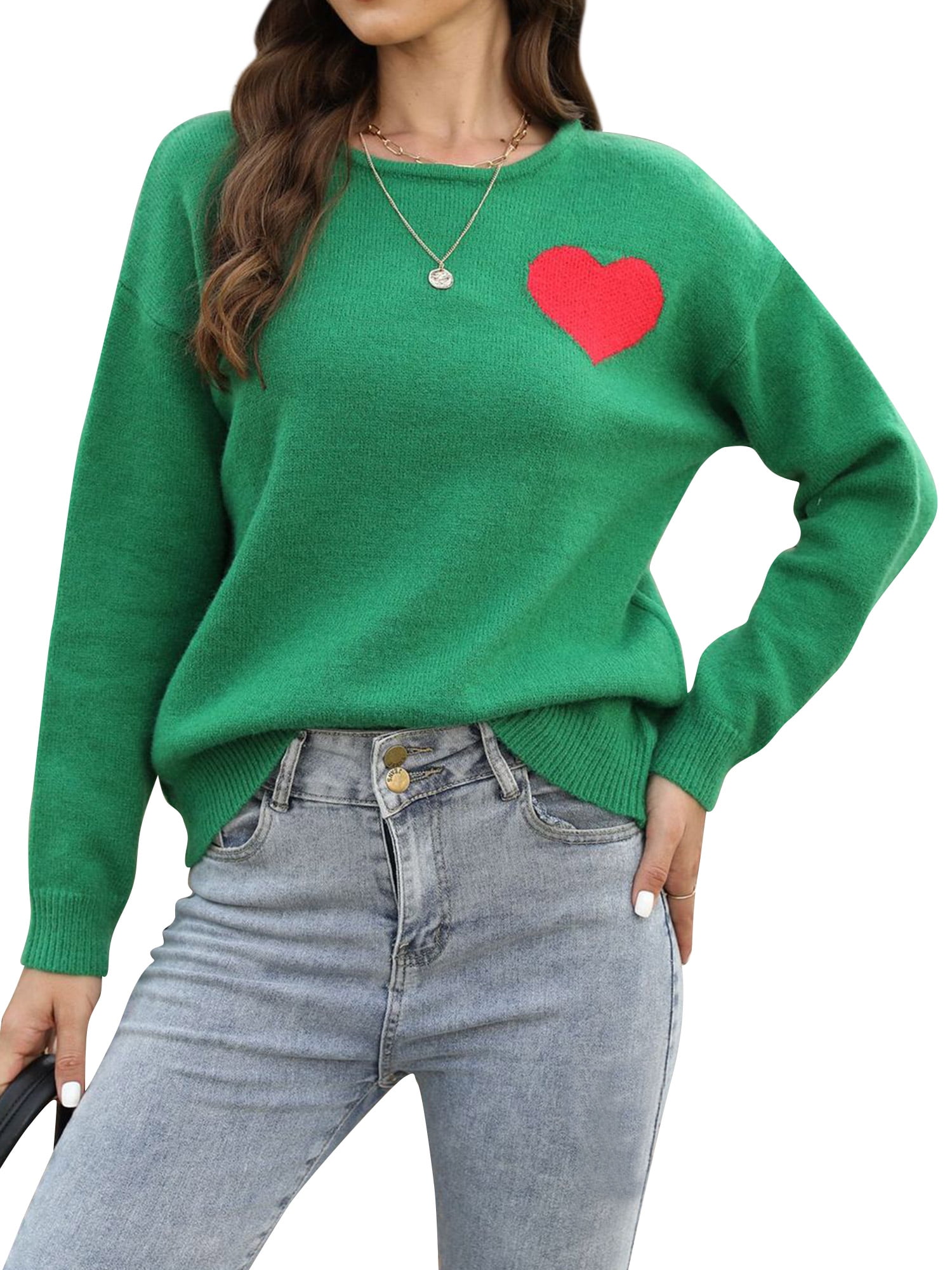 QAFOPEH Women Heart Graphic Long Sleeve Crew Neck Ribbed Sweater ...