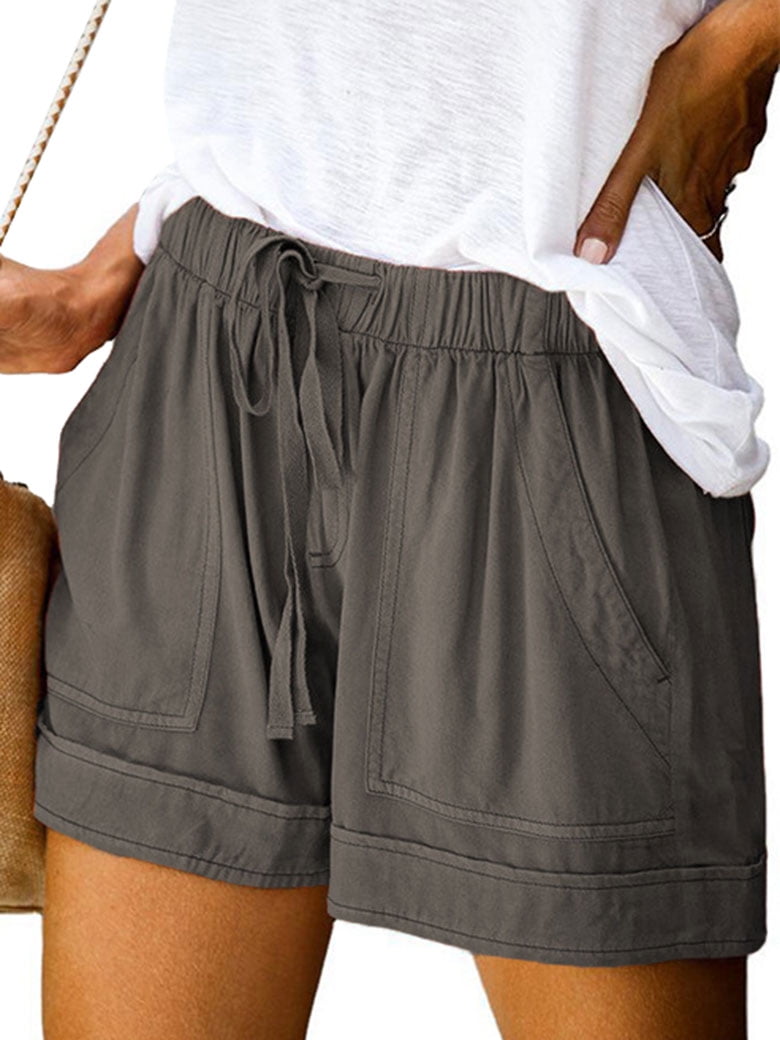 QAFOPEH Women High Waist Elastic Lace-up Wide-leg Shorts with Pockets ...