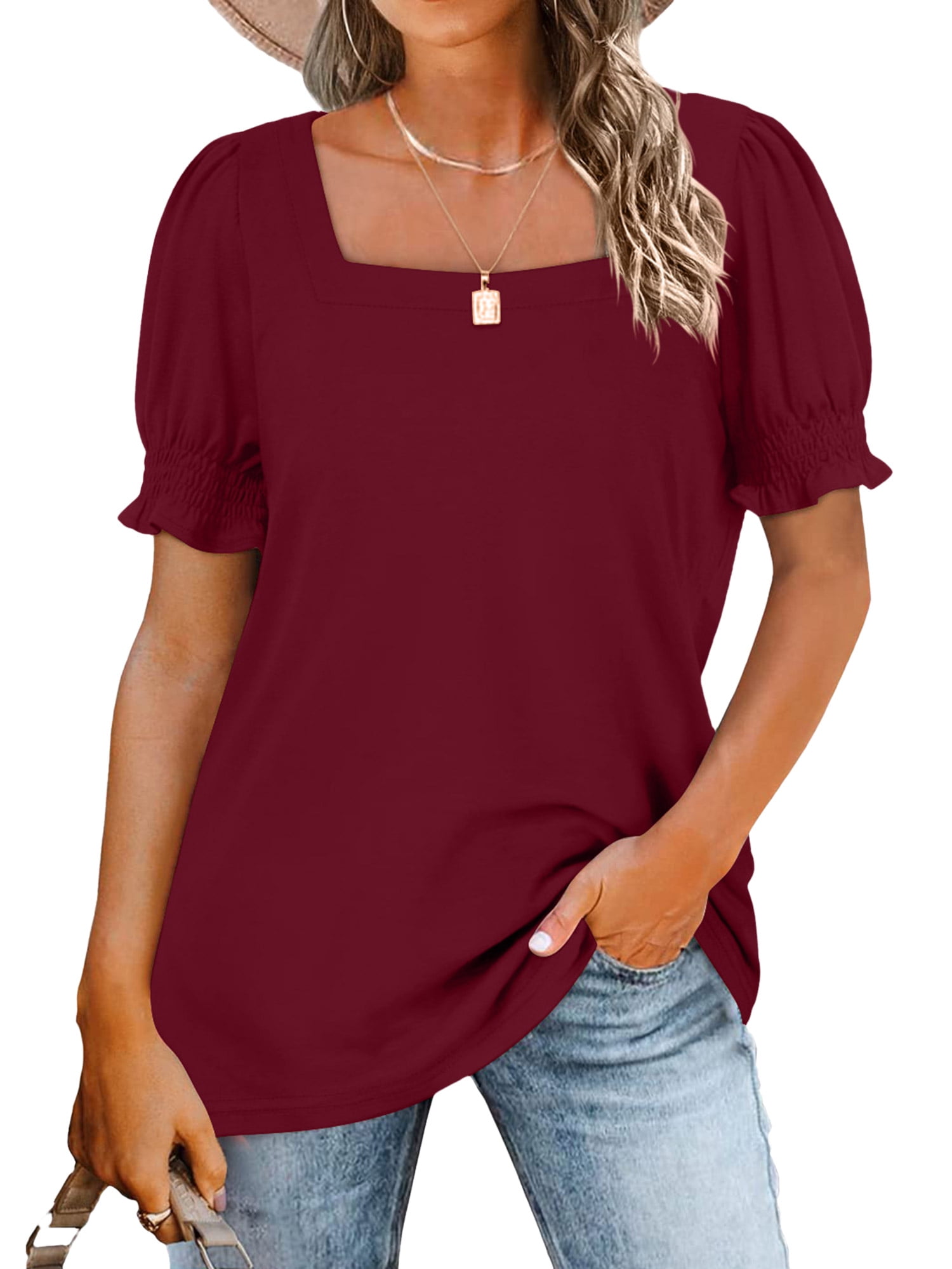 QAFOPEH Women Square Neck Puff Short Sleeve Smocked Cuffs Tunic Solid ...