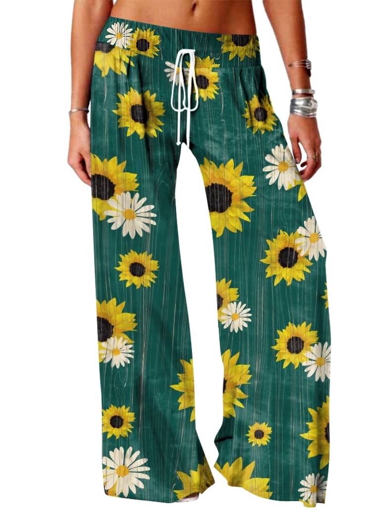 QAFOPEH Women Sunflower Floral Print Mid Waist Wide Leg Casual Green ...