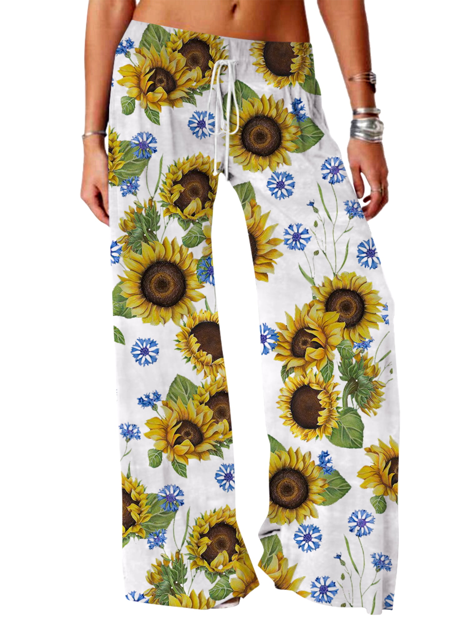 QAFOPEH Women Sunflowers Floral Print Tie Waist Wide Leg Casual Pants ...