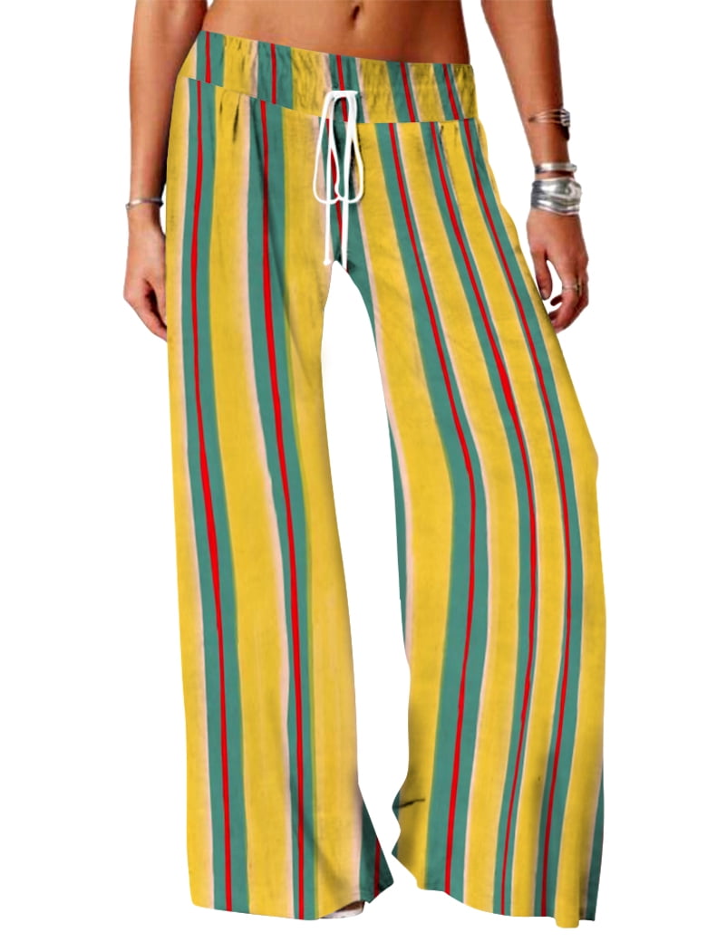 QAFOPEH Women Tie Dye Stripe Print Drawstring Mid Waist Wide Leg Casual ...