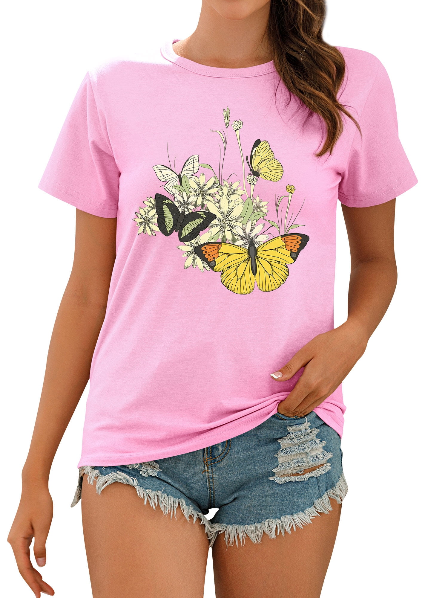 QAFOPEH Womens Butterflies Floral T-Shirts Crewneck Short Sleeve ...