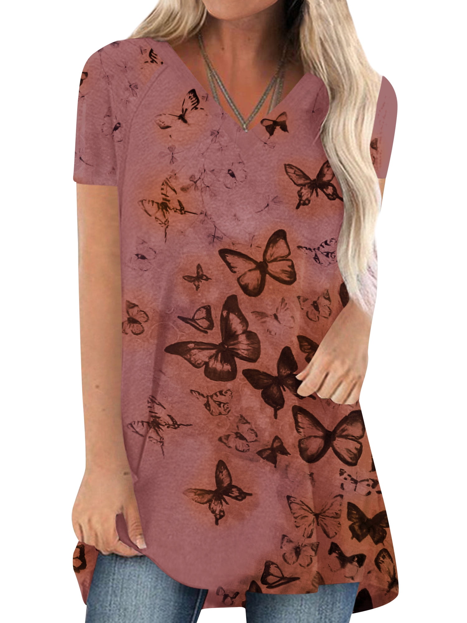QAFOPEH Womens Clothes Butterfly Print Blouses Short Sleeve Shirts ...