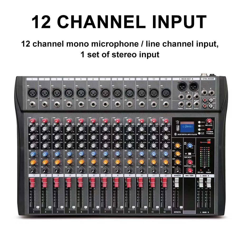 QAQ 12 Channel Audio Mixer with Bluetooth USB PC Recording Input XLR Microphone Jack 48V Power ...