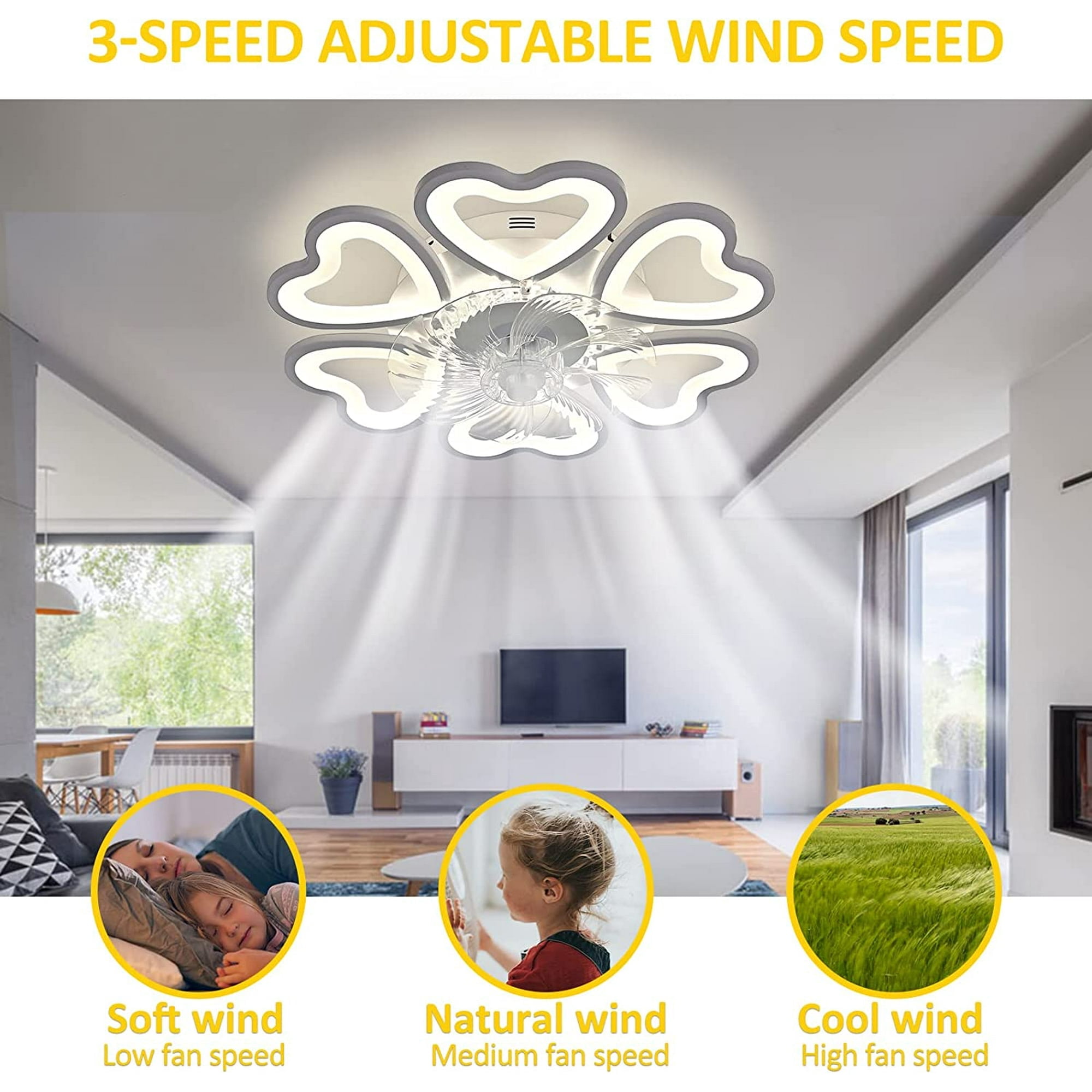 QAQ 22.8" Modern 3 Color Dimmable Ceiling Fan with Invisible Blades and Lights Remote,Heart ...