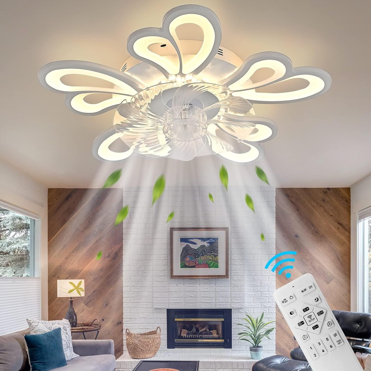 QAQ 24 in Heart-shapedr Ceiling Fan with Lights Remote Control - 6 Speed 3 Color Dimmable ...
