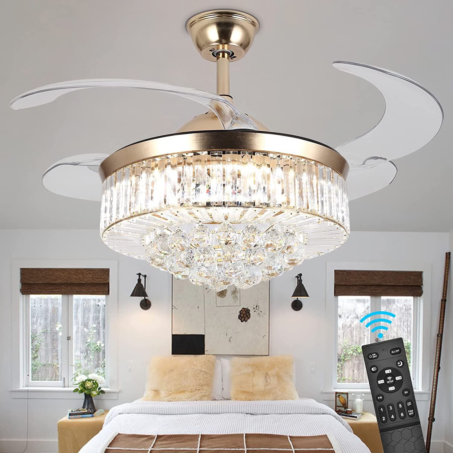 QAQ 36inch Invisible Ceiling Fan Chandelier Light,Modern Crystal Ceiling Fan Light Remote ...