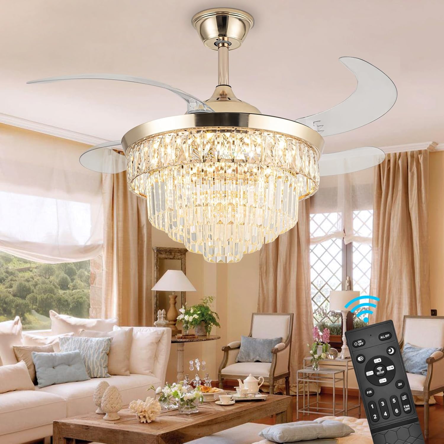 QAQ 42" Gold Crystal Ceiling Fan with Light - Retractable Blades, 6-Speed Remote, 3-Color ...