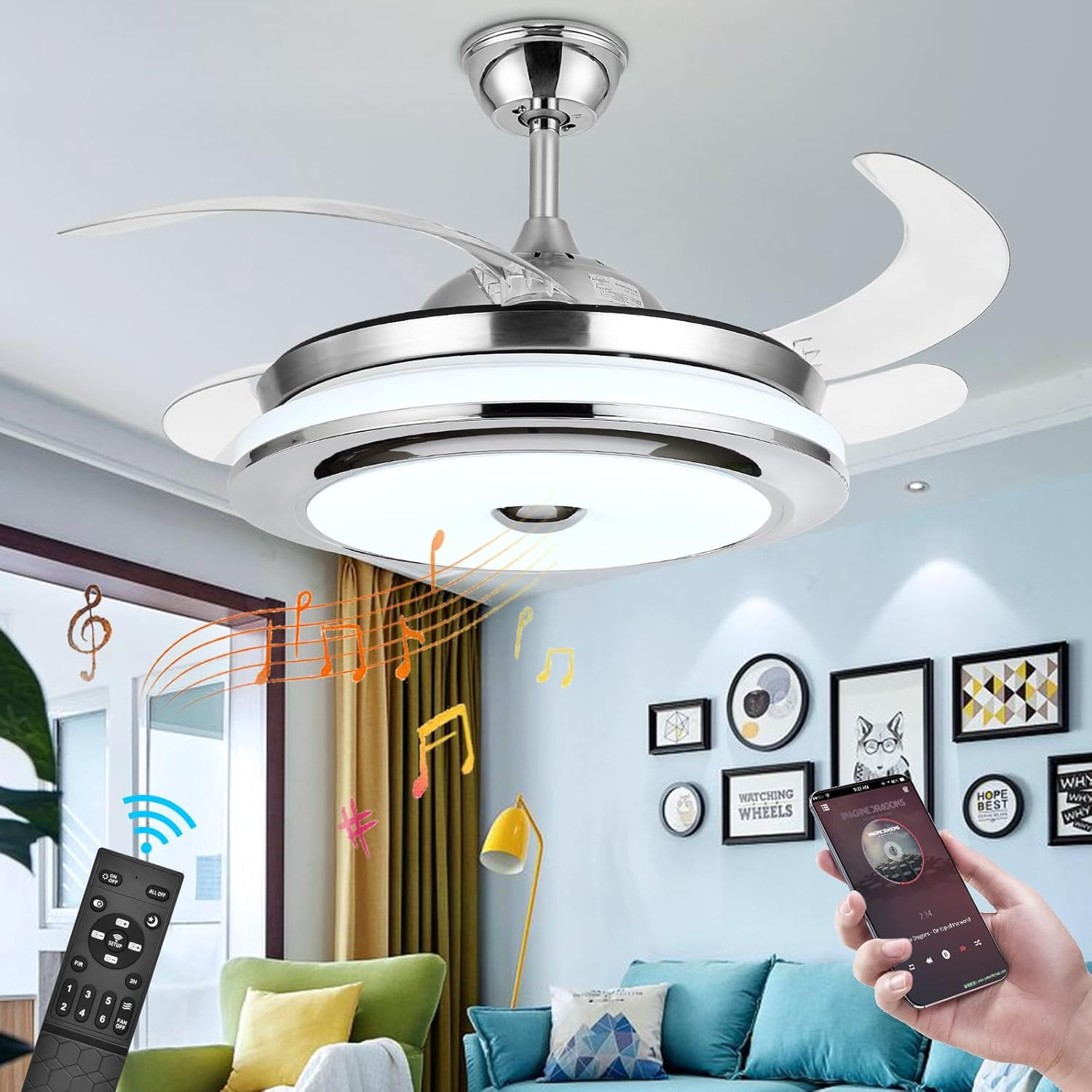 QAQ 42" Retractable Smart Ceiling Fan with Lights Bluetooth Control, Speaker ,Dimmable Lights ...