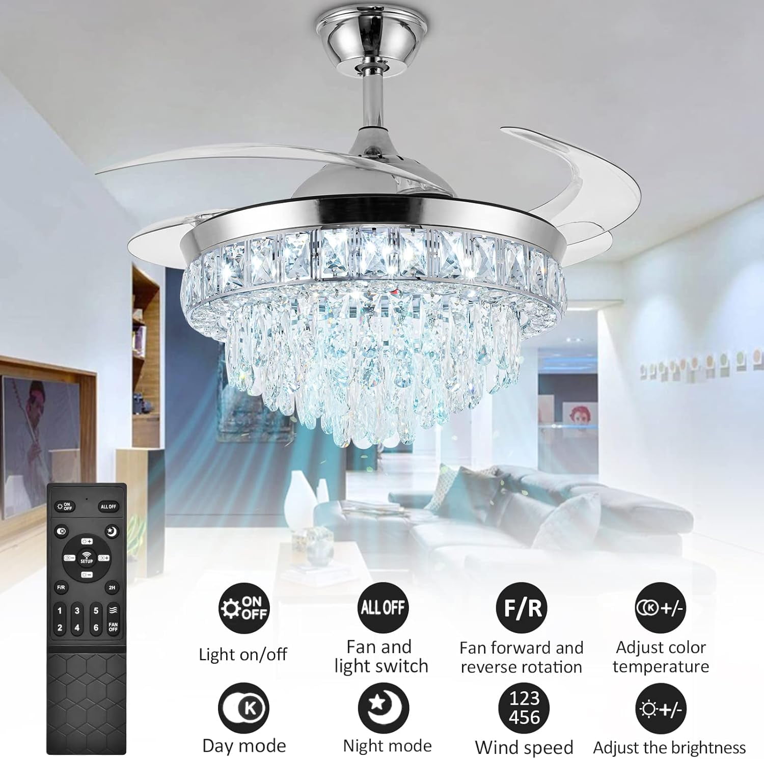 QAQ 42Inch Crystal Fandelier with Light,Modern Stepless Dimmable Chandelier Fan with Remote ...
